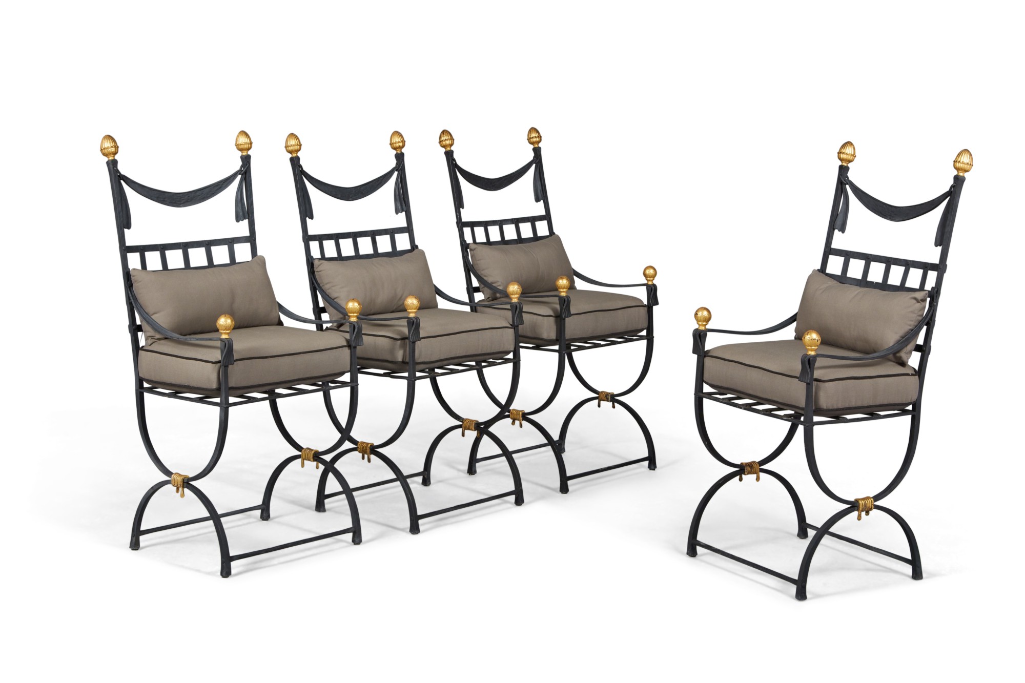 A Set of Four Grey/Black Painted and Parcel Gilt Wrought Iron Tall ...