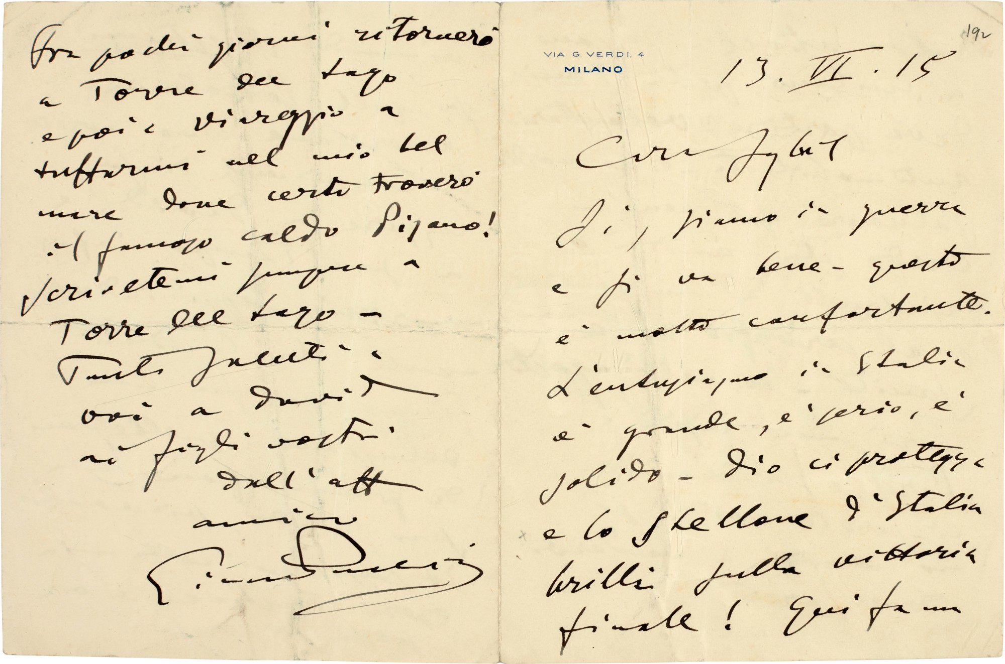 G. Puccini. Autograph letter signed ("Giacomo Puccini"), about Italy's ...