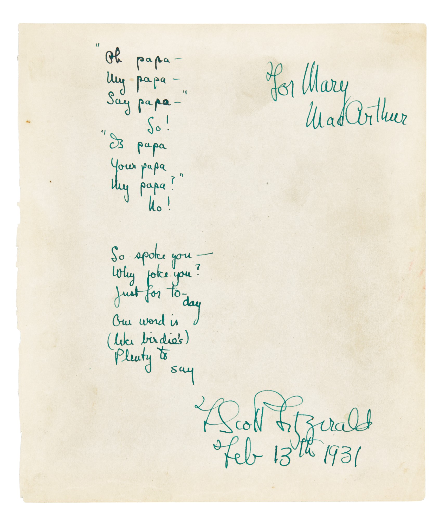 Fitzgerald, two autograph manuscript poems, 1931 and 1937 | English ...