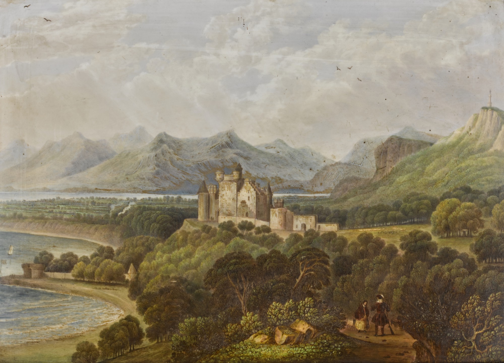 An English porcelain rectangular plaque depicting Dunrobin Castle ...