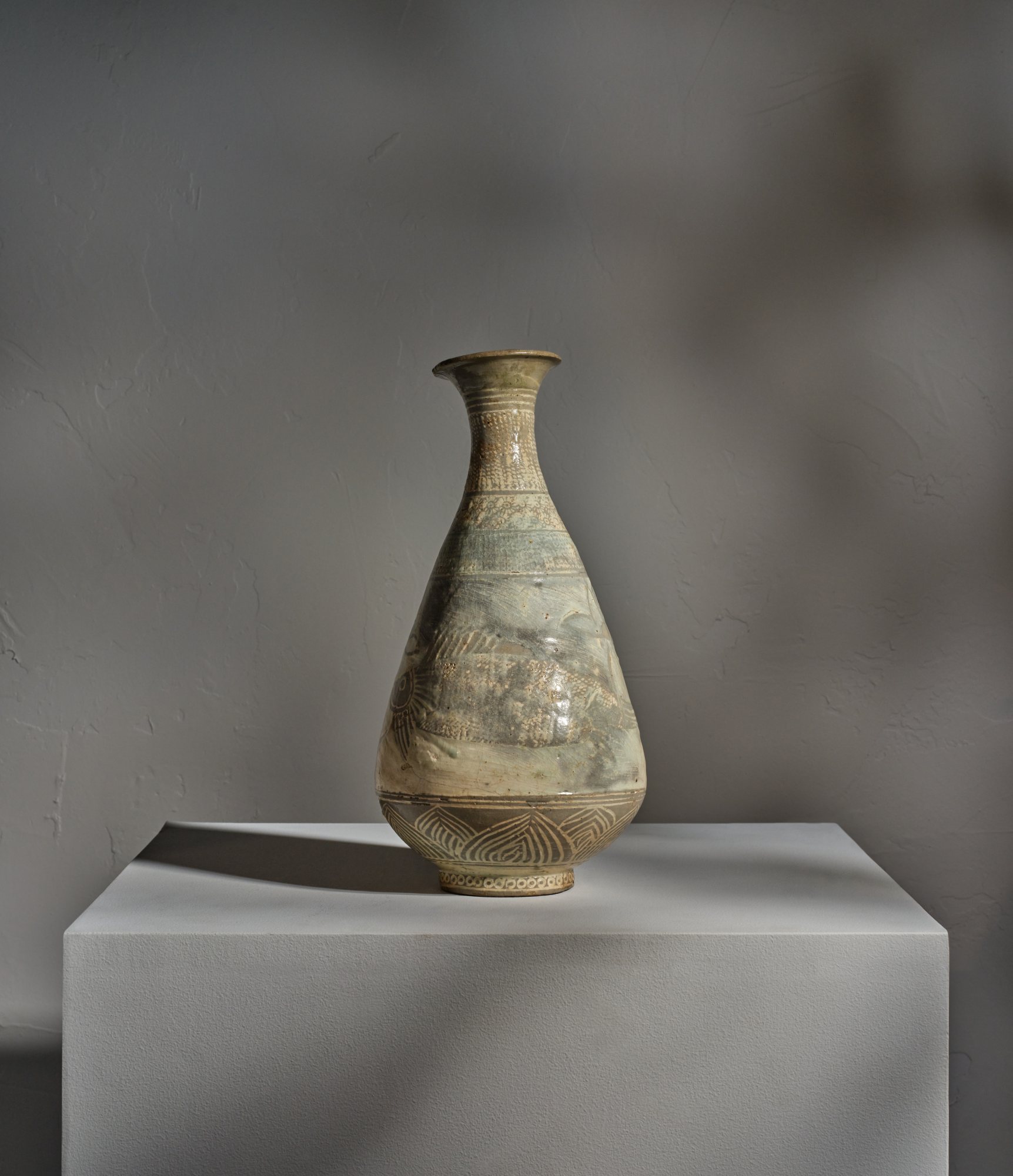 An incised and inlaid Buncheong 'fish' pear-shaped vase, Joseon dynasty ...