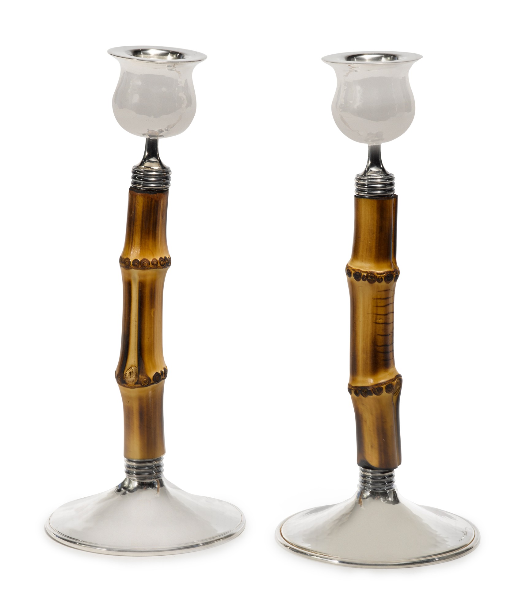 A Pair of Italian Silver and Bamboo Tahiti Pattern Candlesticks ...