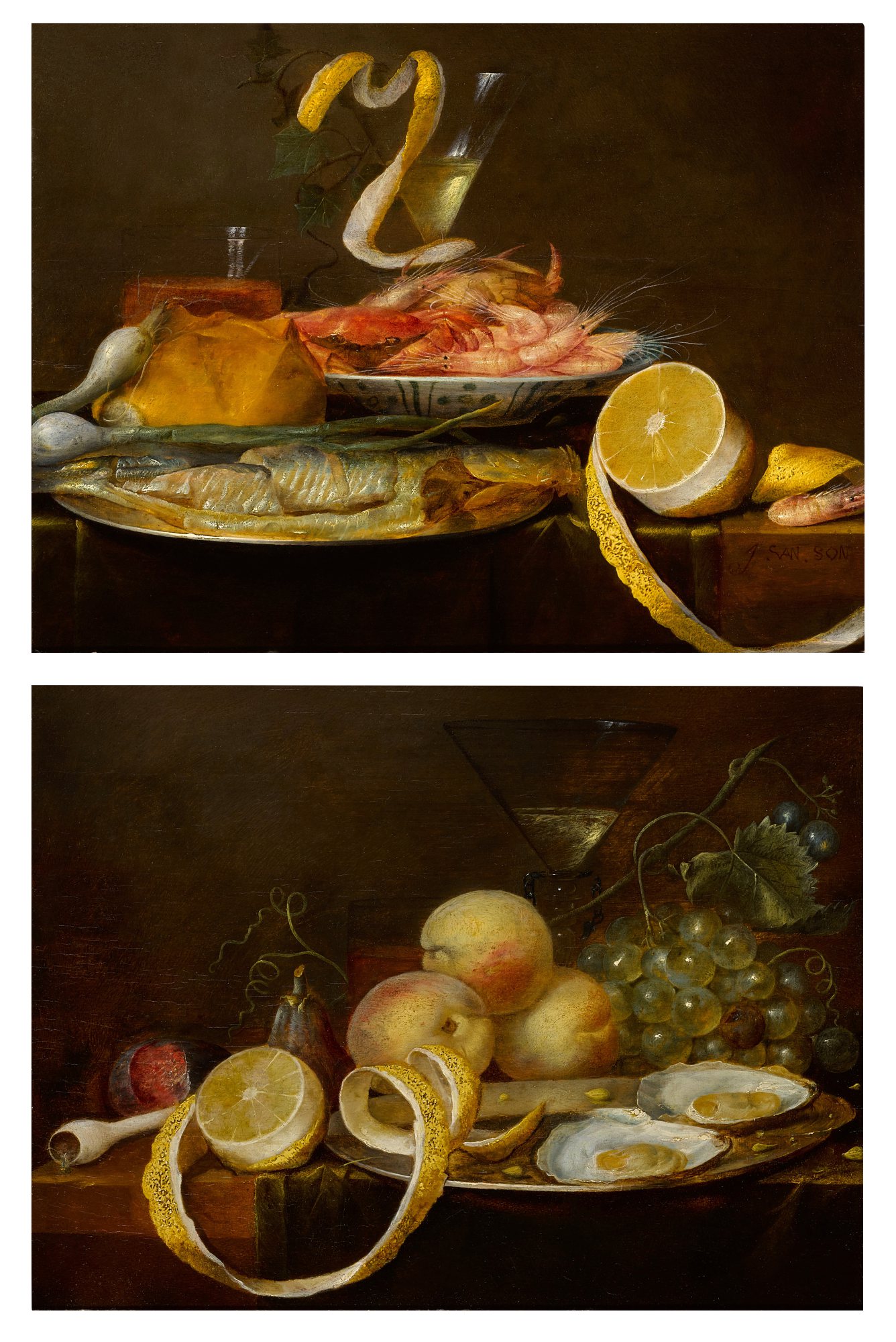 Tabletop still life, including a herring on a pewter dish, a porcelain ...