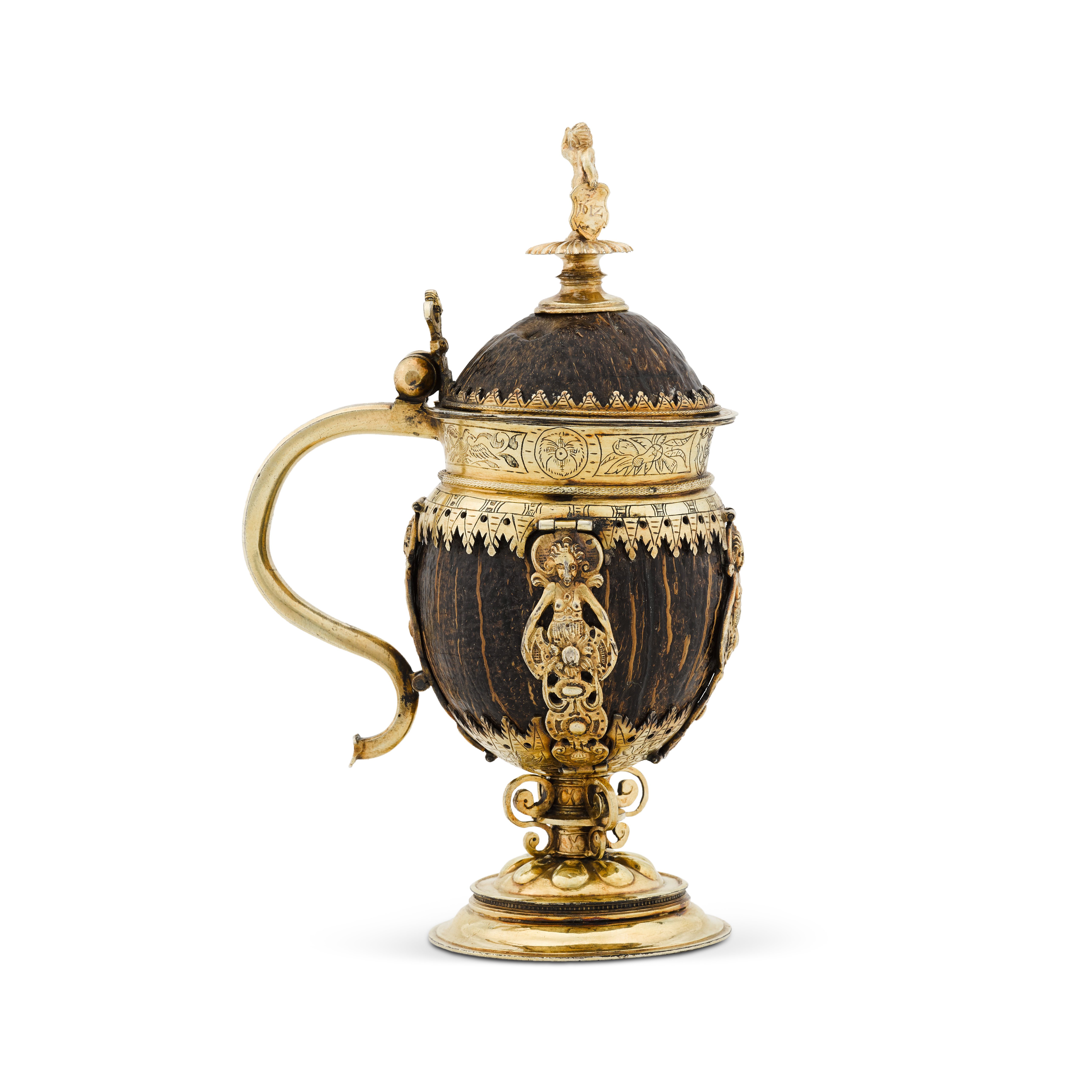 A 17th century silver-gilt-mounted coconut tankard, unmarked, probably ...