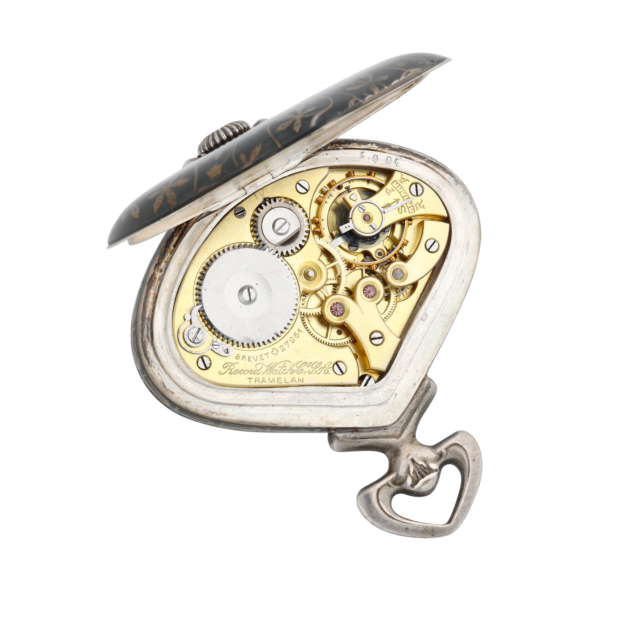 Record Watch Co., Tramelan A niello silver keyless fan form sector ...