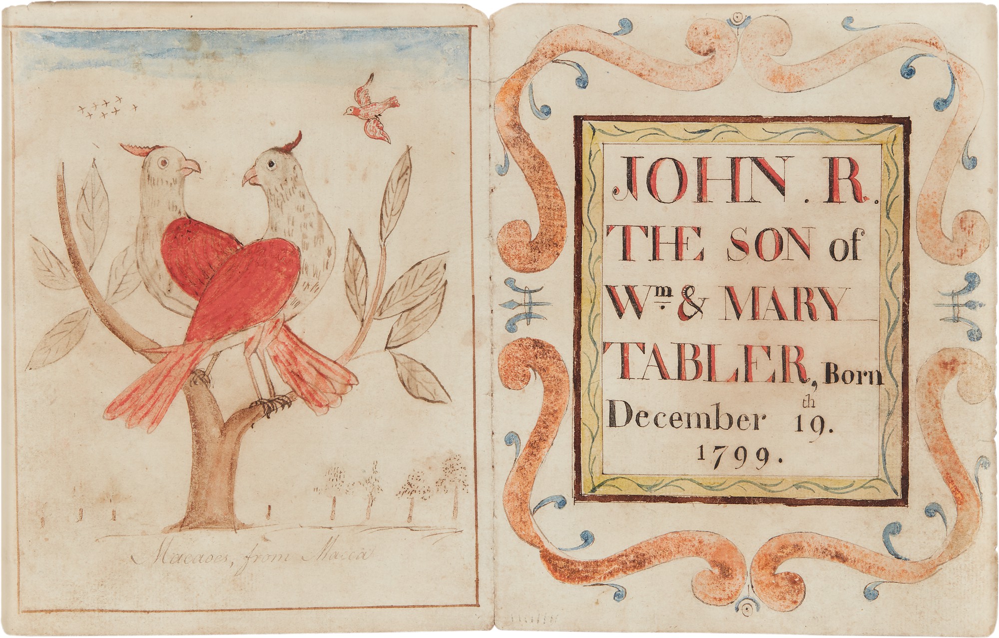 Watercolor Fraktur: Birth Announcement of John R. Tabler, Frederick ...