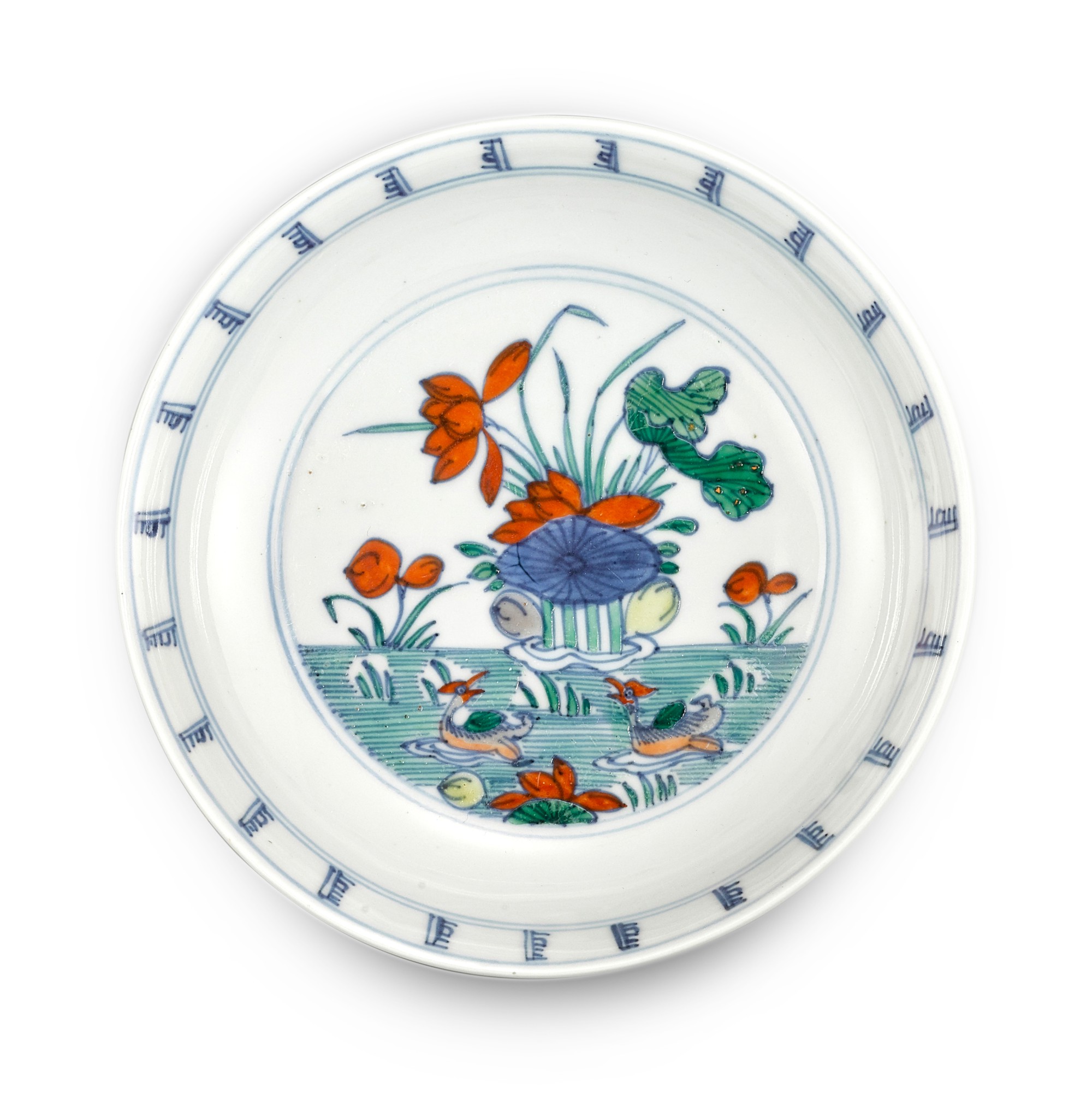 AN INSCRIBED DOUCAI 'MANDARIN DUCKS' DISH QING DYNASTY, KANGXI PERIOD ...