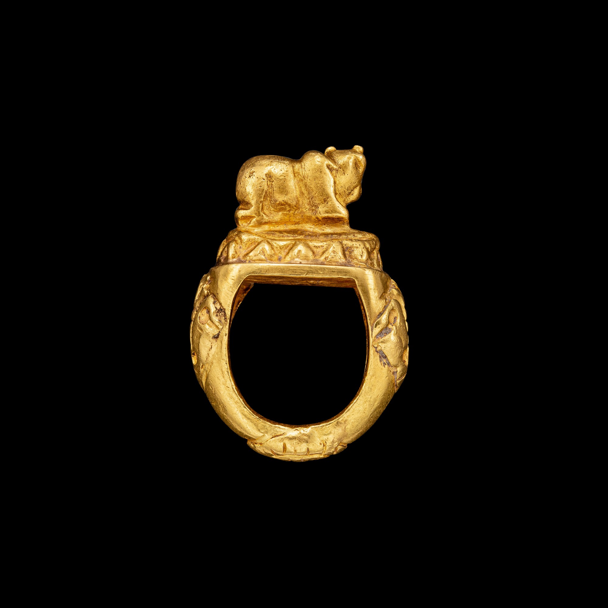 A gold ring of Nandi on a lotus Java, Indonesia, 10th - 15th century ...