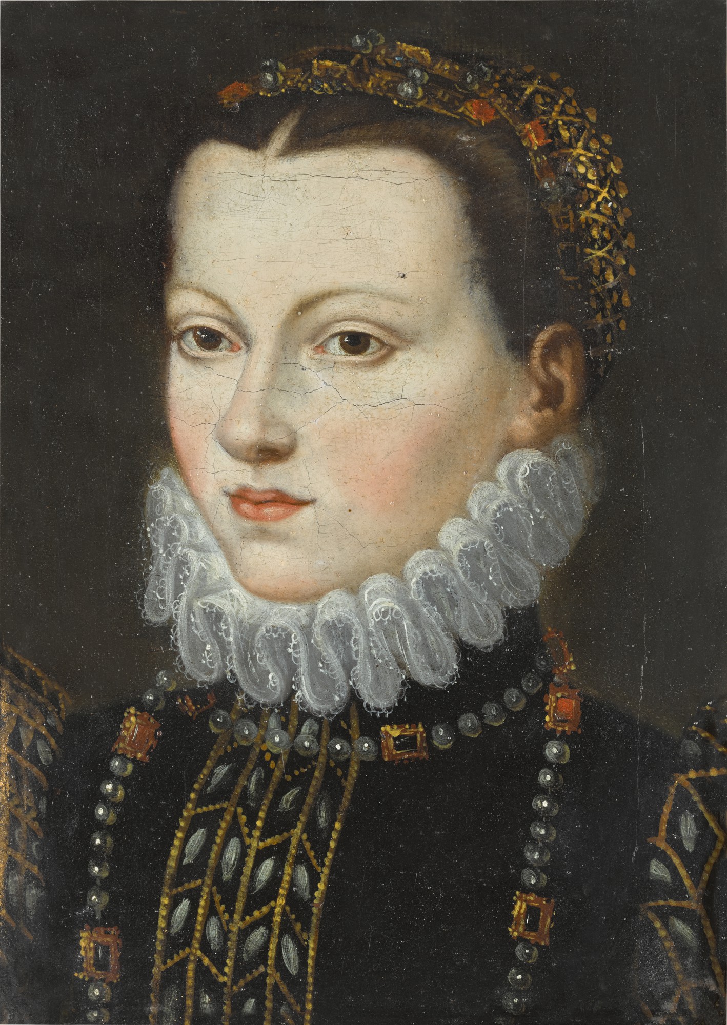 Portrait Of A Young Woman Bust Length Wearing An Embroidered Coat And