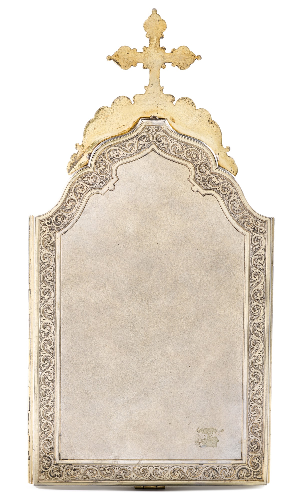 A silver-gilt and shaded enamel travelling triptych icon, Ivan Alekseev, Moscow, 1899-1908 ...