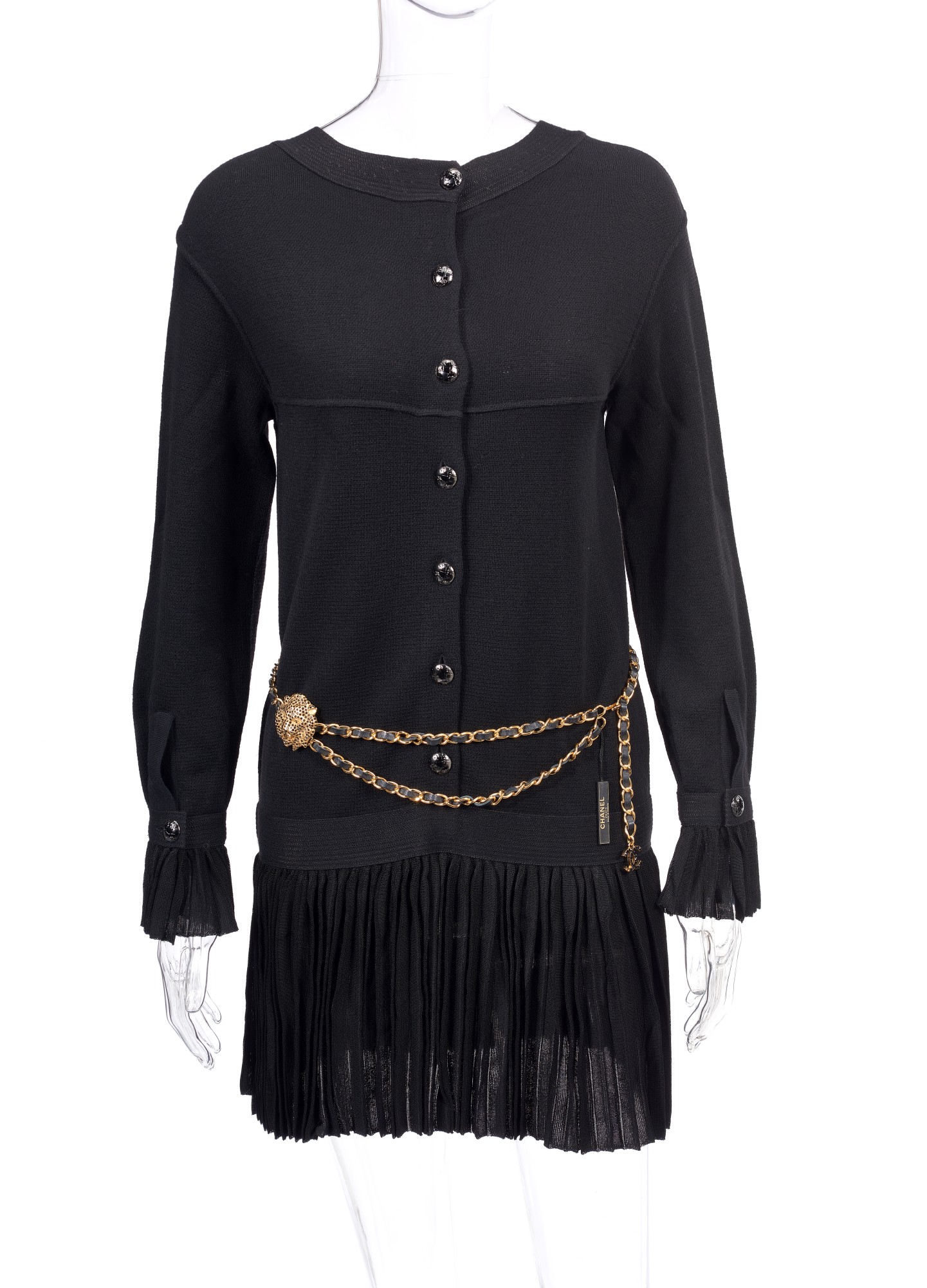 BLACK MINI DRESS AND BLACK LEATHER CHAIN BELT, CHANEL | A Collection of ...