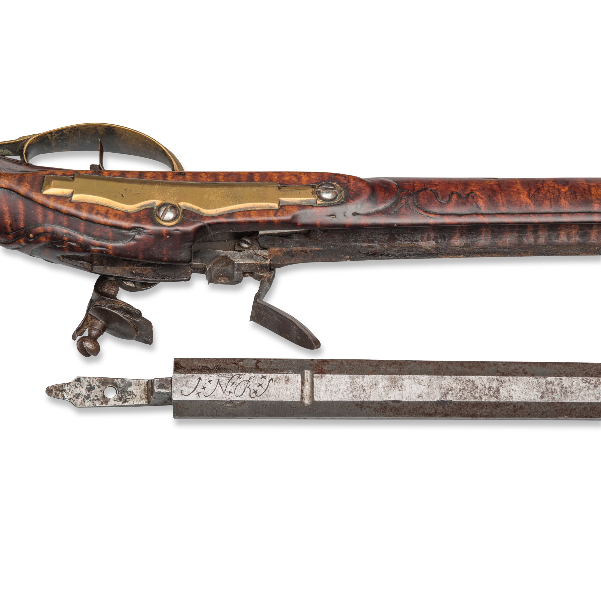 Very Fine and Extremely Rare Carved and Figured Maple, Engraved Brass ...