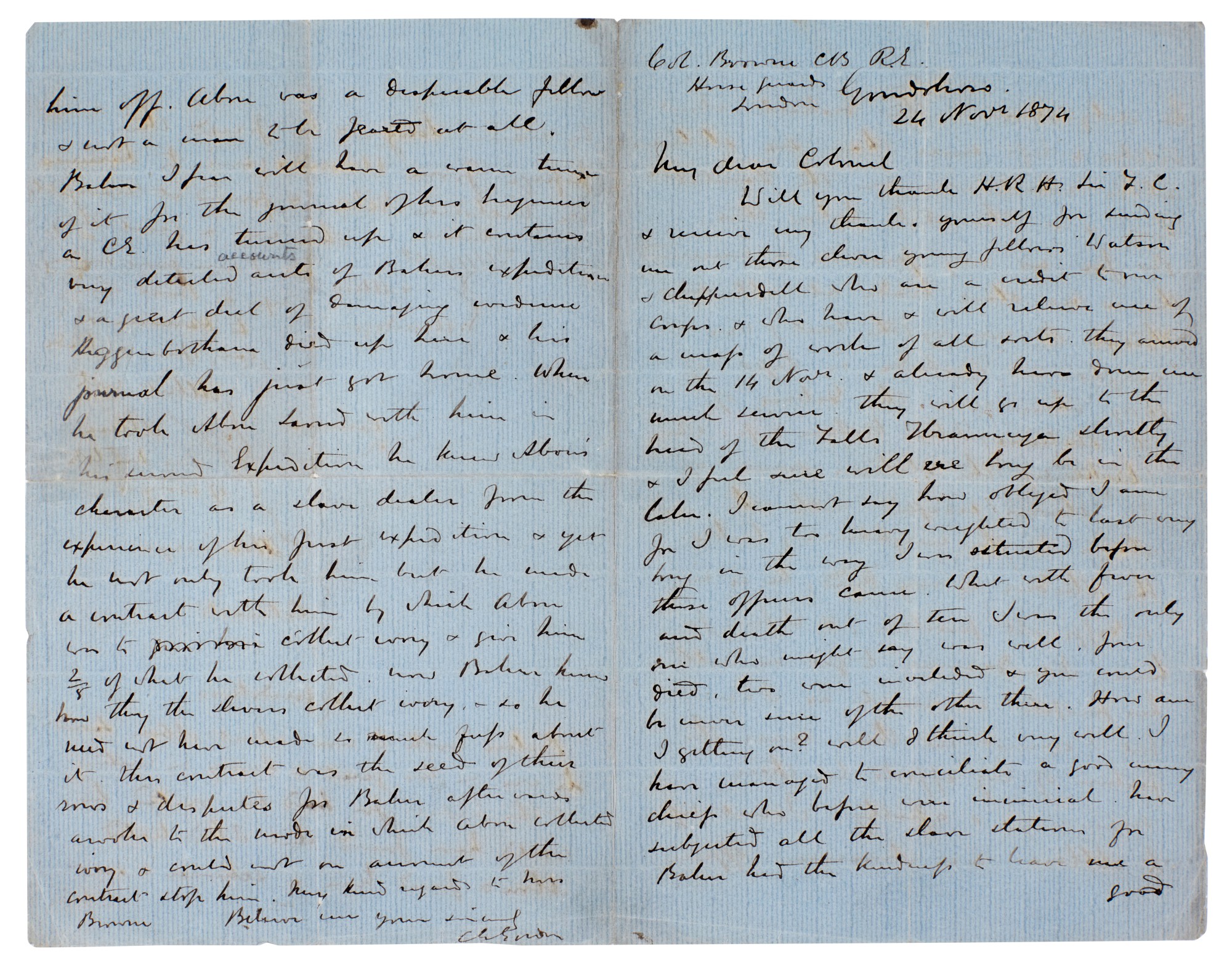 General C.G. Gordon | Autograph letter signed, to Col. Browne, with a ...