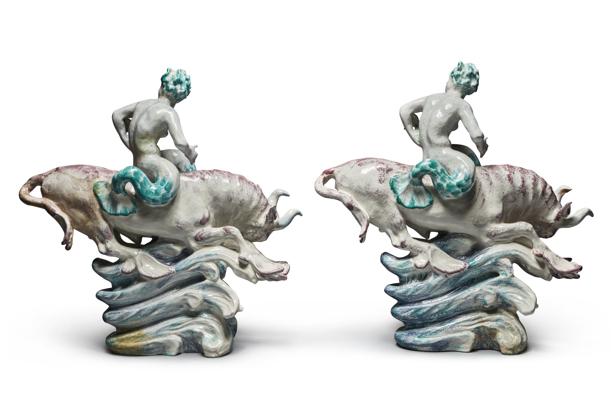 Two Large Bing and Grondahl Faience Figure Groups of a Mermaid riding a ...