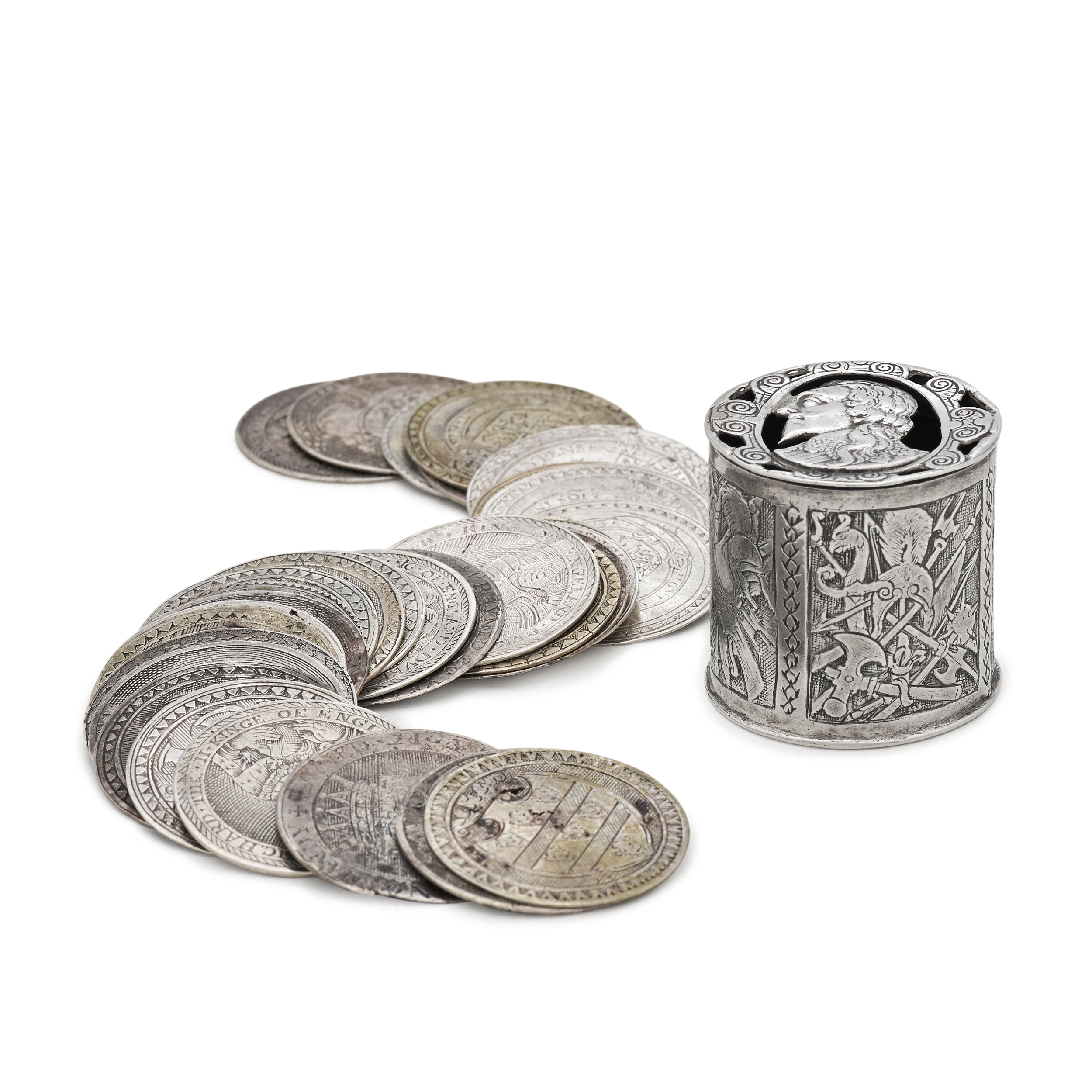 A Charles I silver counter box with thirty-two counters, circa 1640 ...