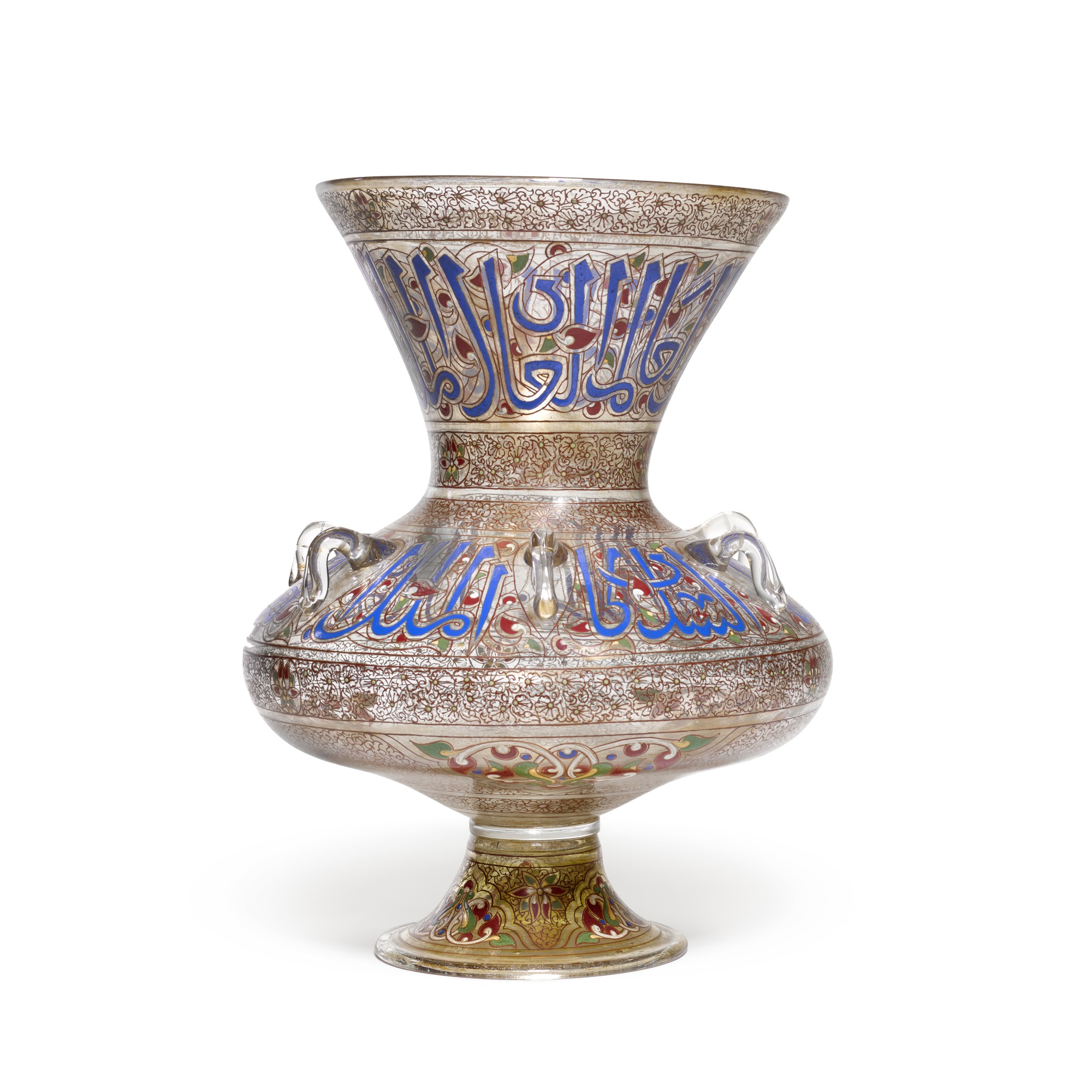 AN ENAMELLED GLASS MOSQUE LAMP VASE IN THE ISLAMIC STYLE, CIRCA 1900 ...