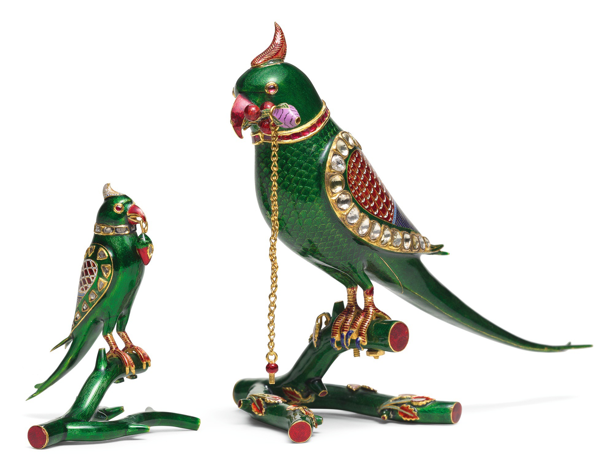 TWO GOLD AND POLYCHROME ENAMELLED PARROTS, NORTH INDIA, 19TH/20TH ...