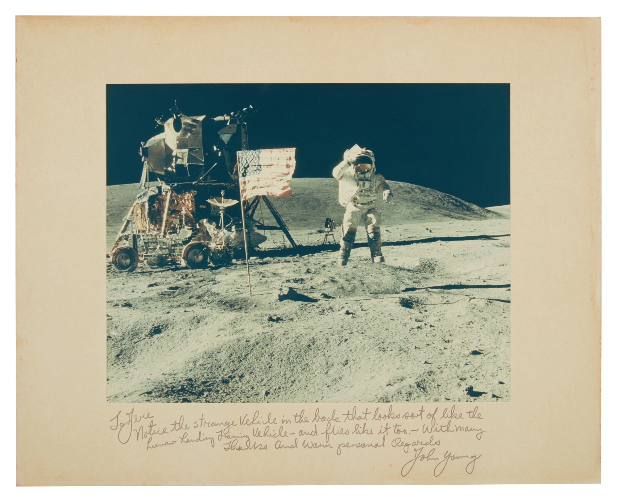 [Apollo 16] — John Young's Jump. Color photograph signed and inscribed ...