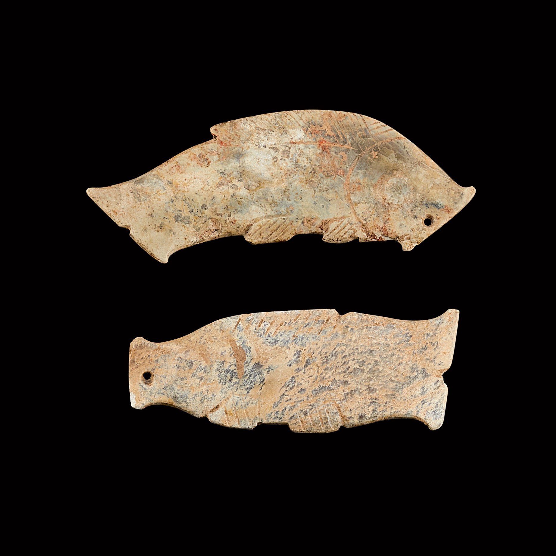 Two calcified jade ‘fish’ pendants Western Zhou dynasty | 西周 玉魚形珮兩件 | A ...