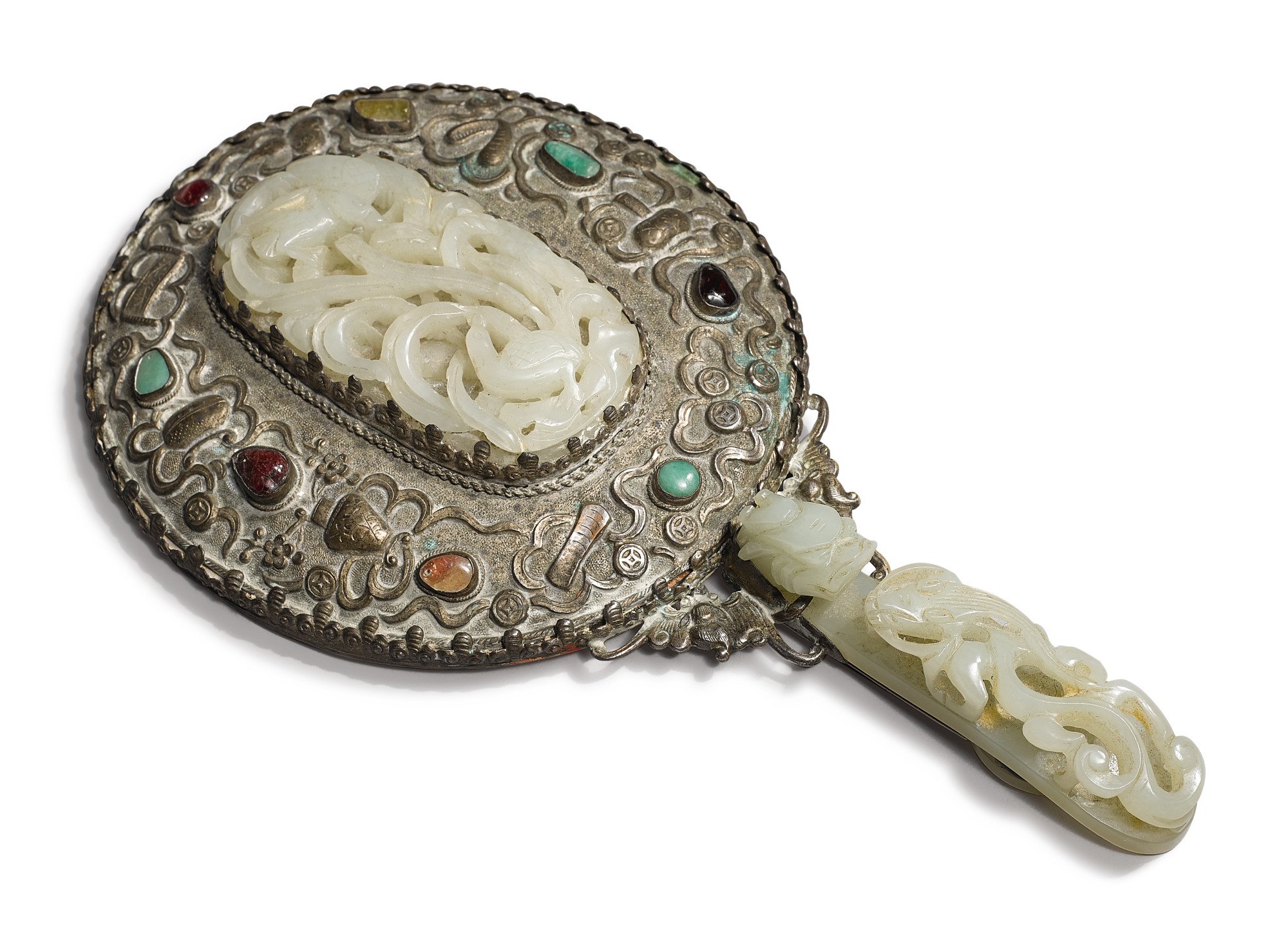 A hardstone-inlaid jade-embellished hand mirror, Late Qing dynasty ...