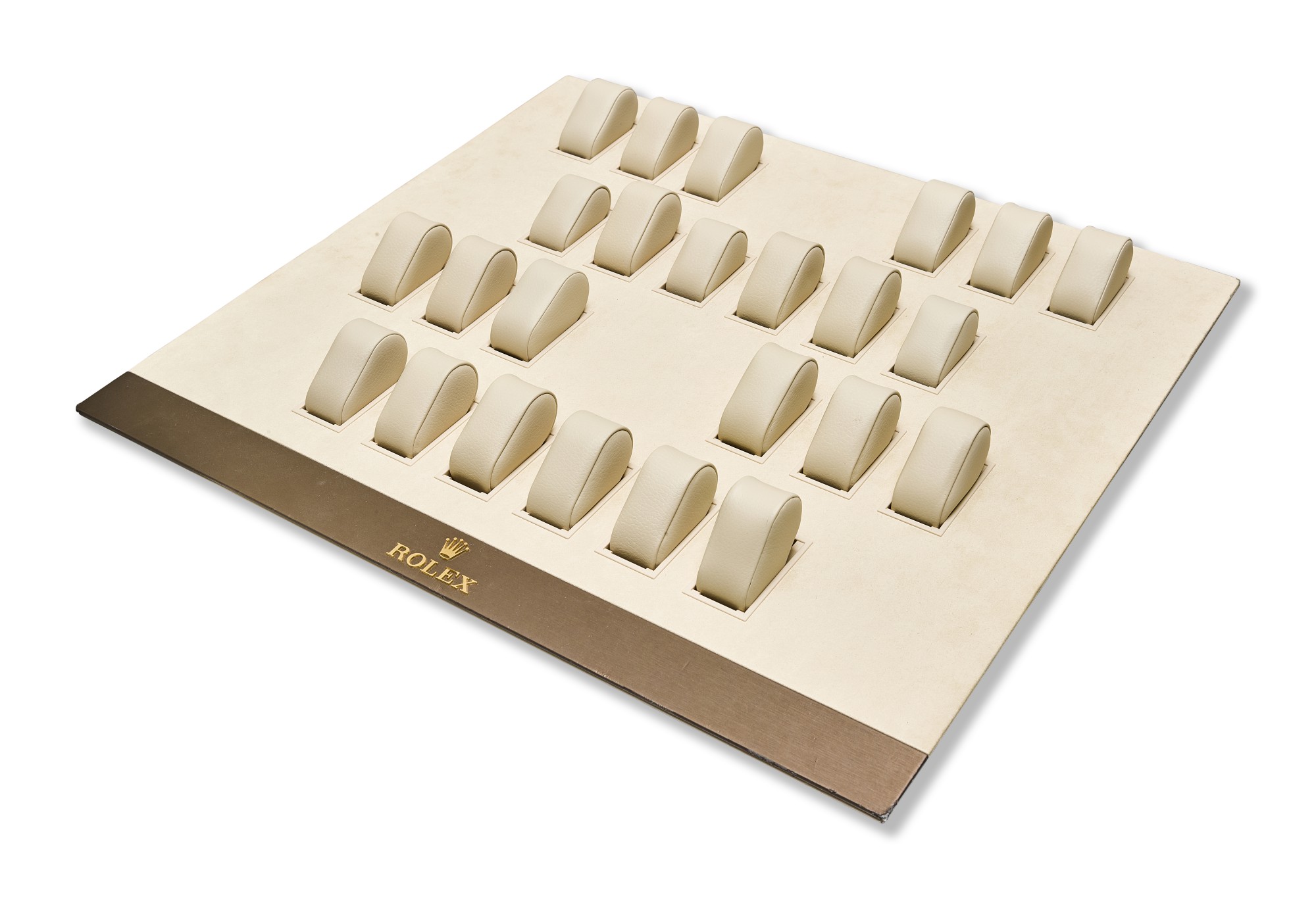 ROLEX | A VELVET AND WOODEN DISPLAY CASE BASE FOR 24 WATCHES, CIRCA ...