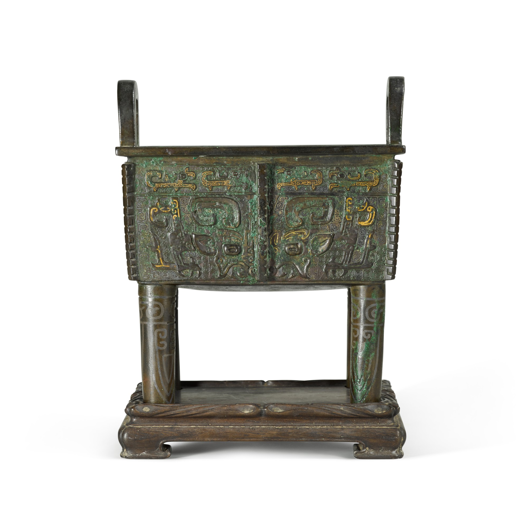 An archaistic gold and silver-inlaid bronze censer, Fang ding, Song ...