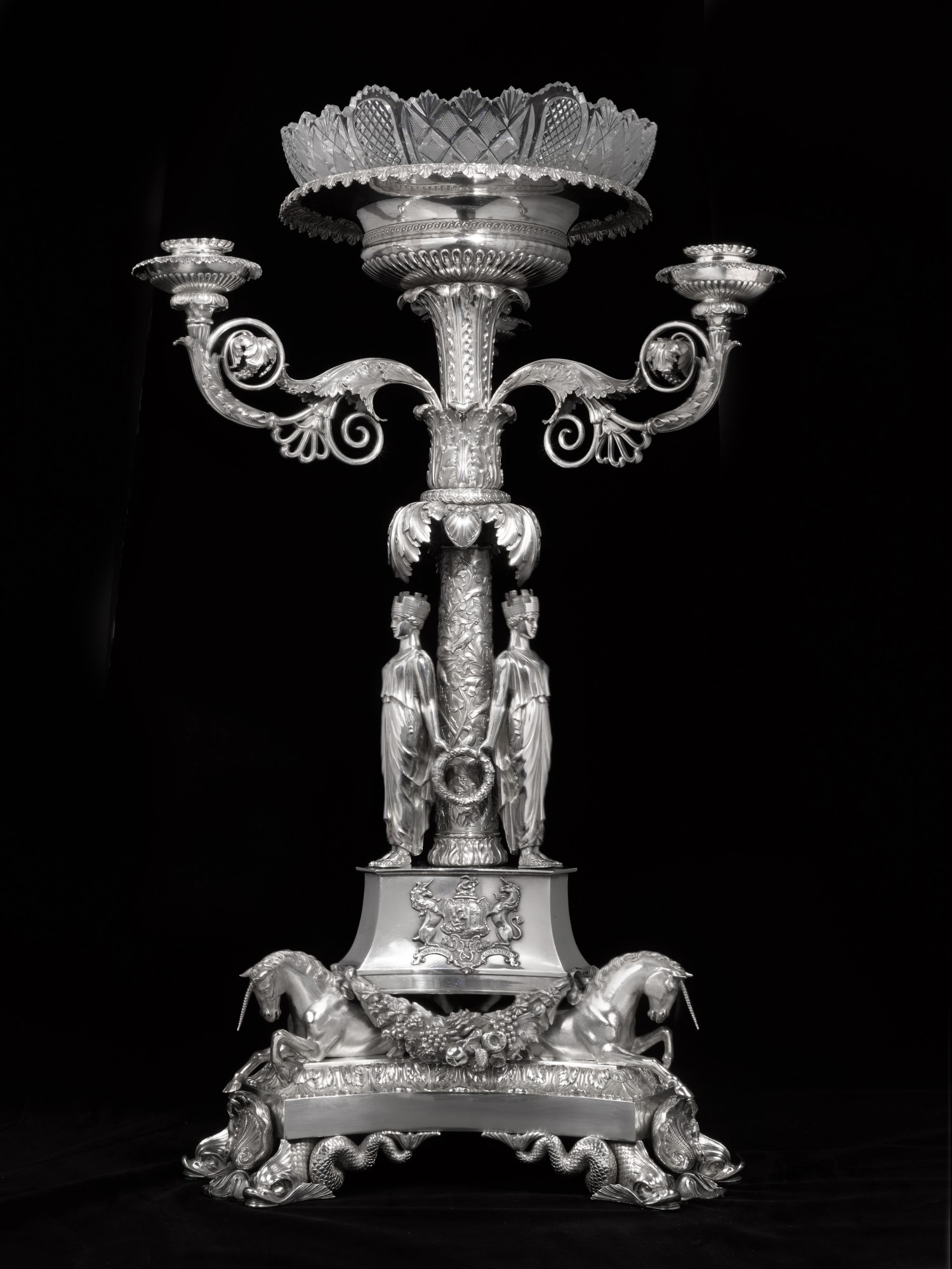 A Regency silver presentation three-light candelabrum centrepiece, Paul ...