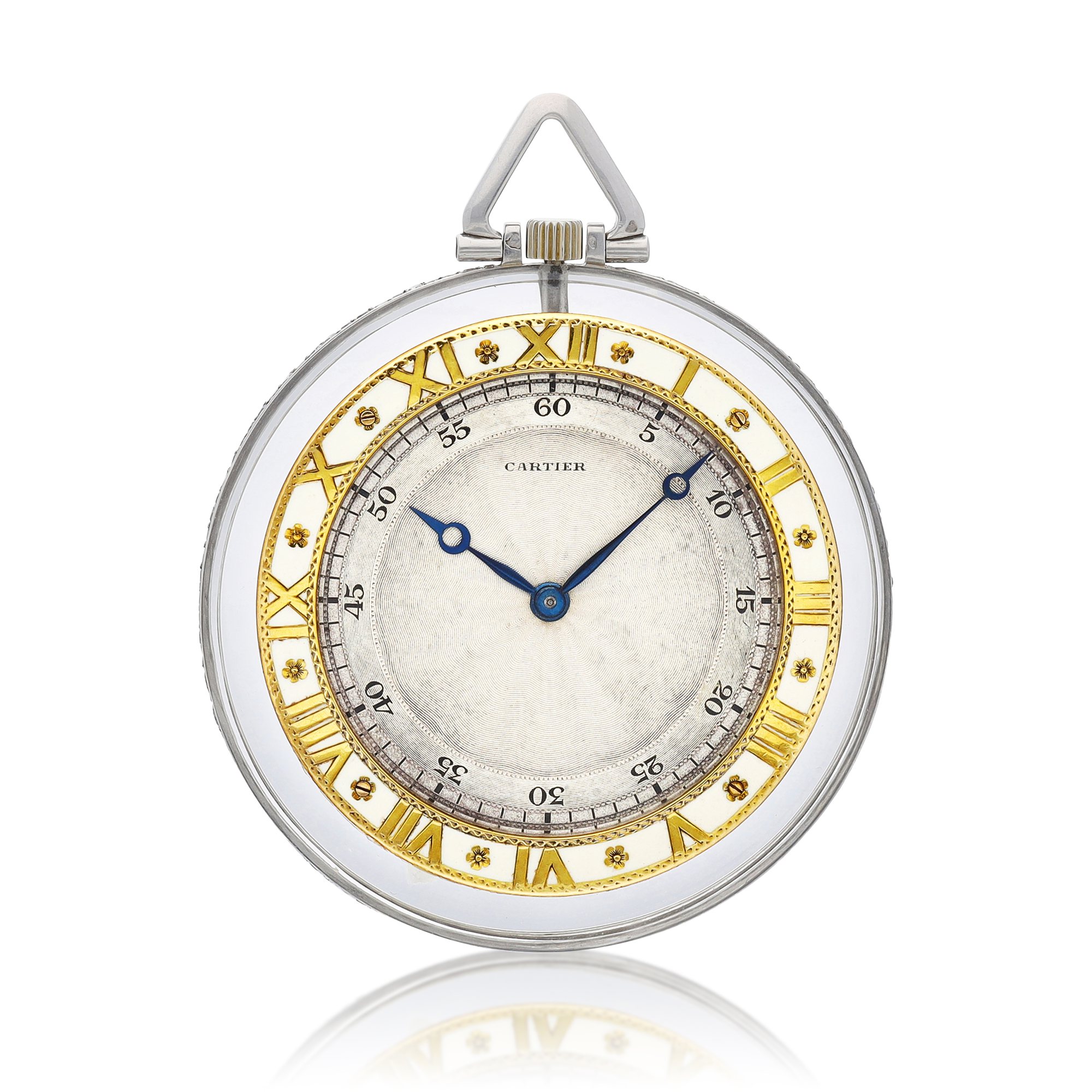 A platinum, yellow gold, enamel, rock crystal and diamond-set open face ...