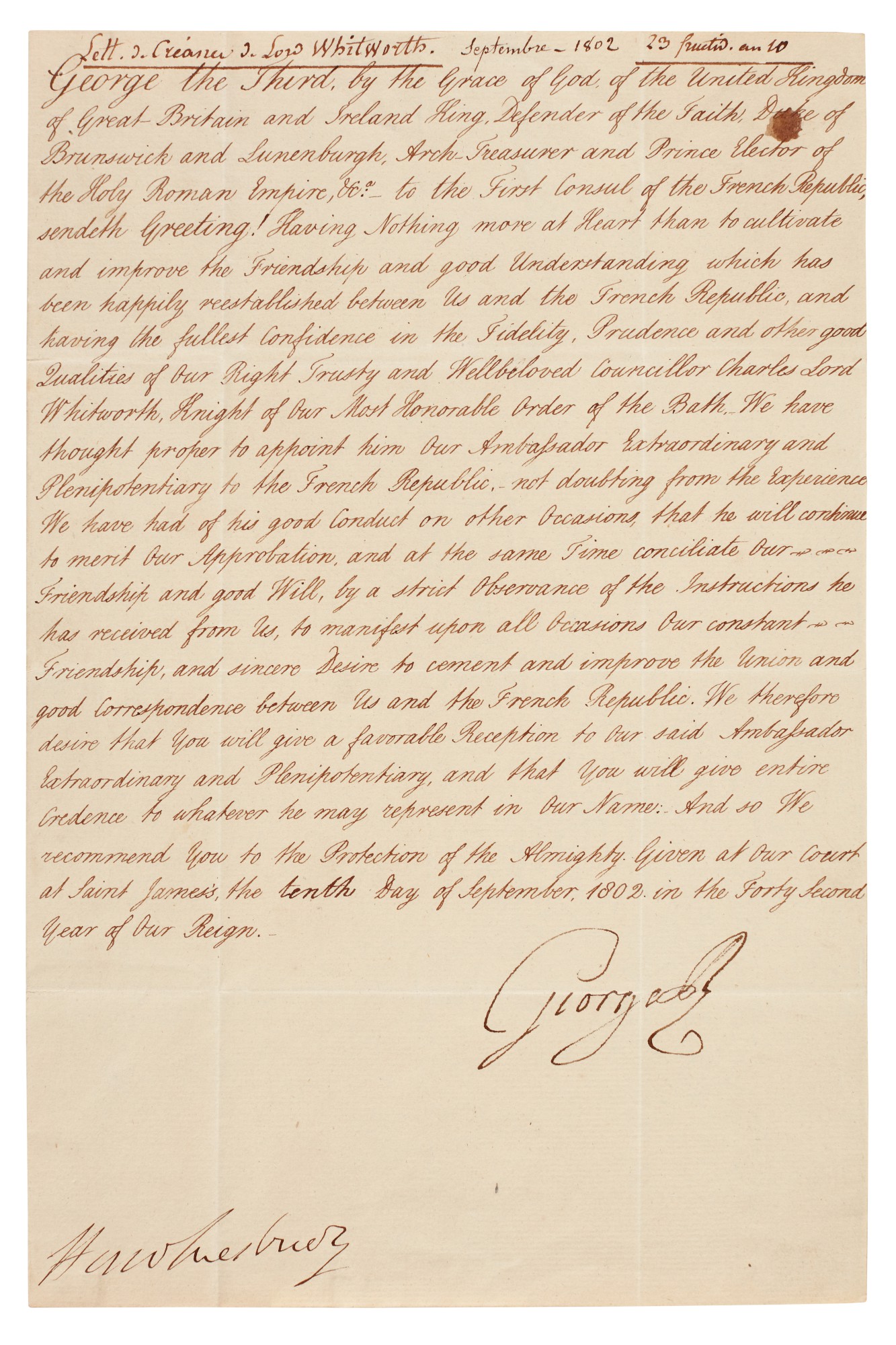 George III | Letter signed, to Napoleon, introducing Lord Whitworth as ...