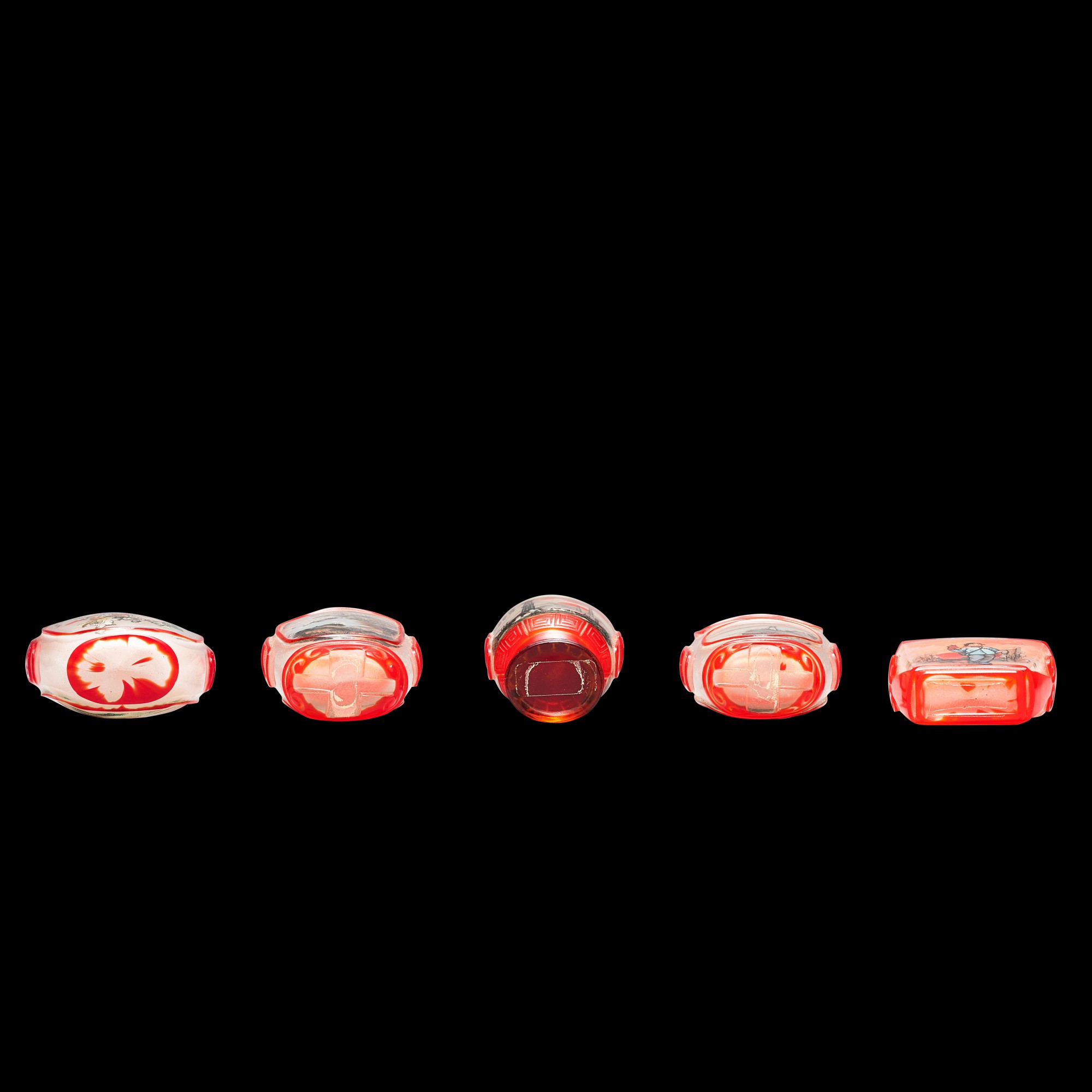 Five inside-painted ruby-red overlay glass snuff bottles, Modern | 現代 ...