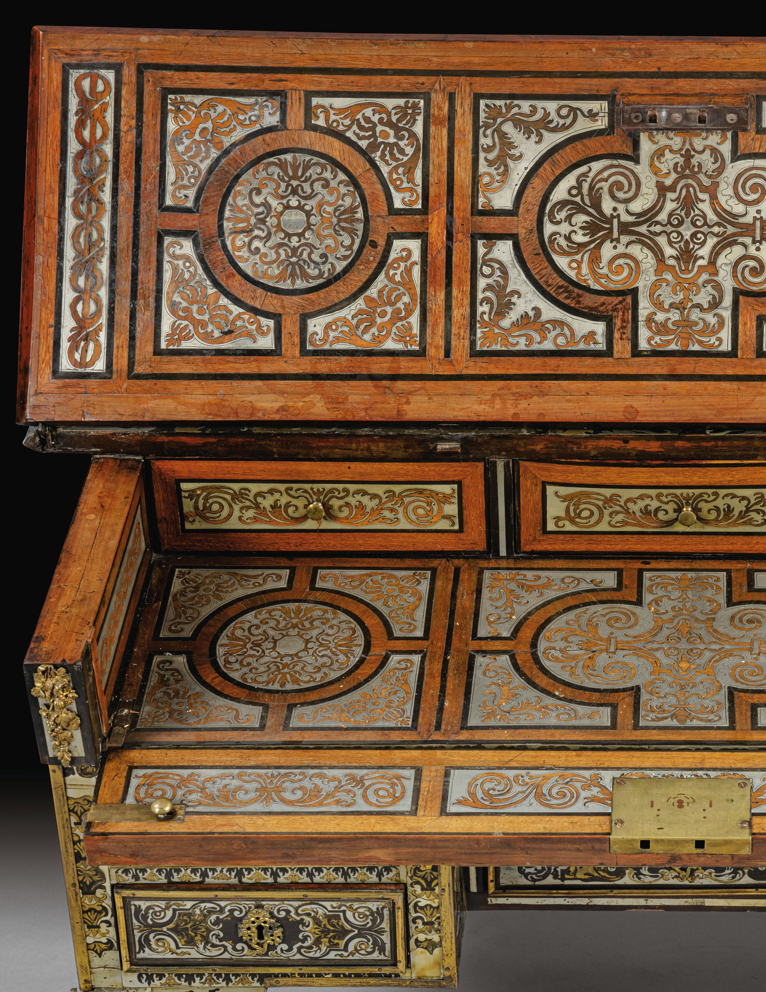 AN EBONY, AMARANTH, COPPER AND PEWTER MARQUETRY BUREAU BRISÉ, LOUIS XIV ...