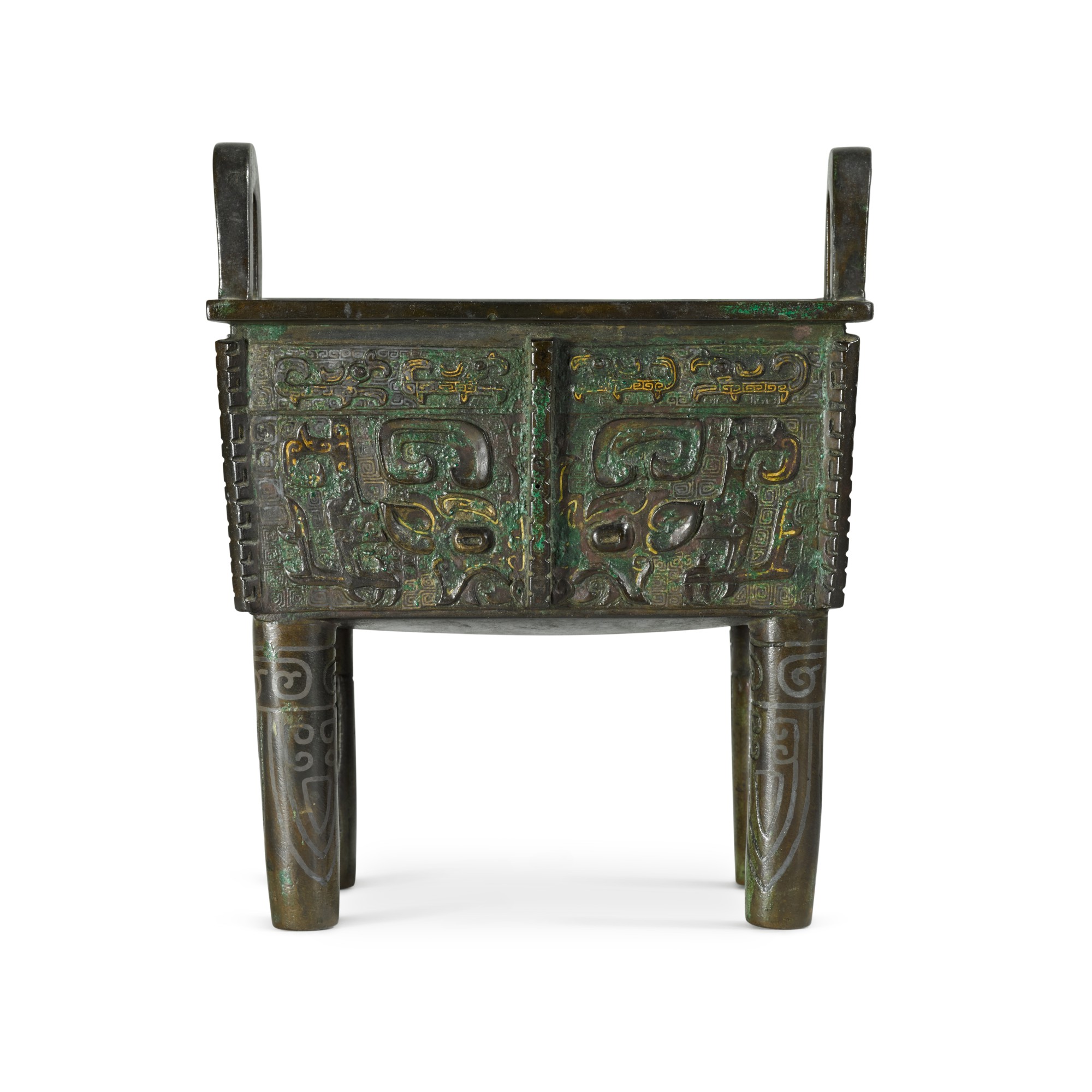 An archaistic gold and silver-inlaid bronze censer, Fang ding, Song ...