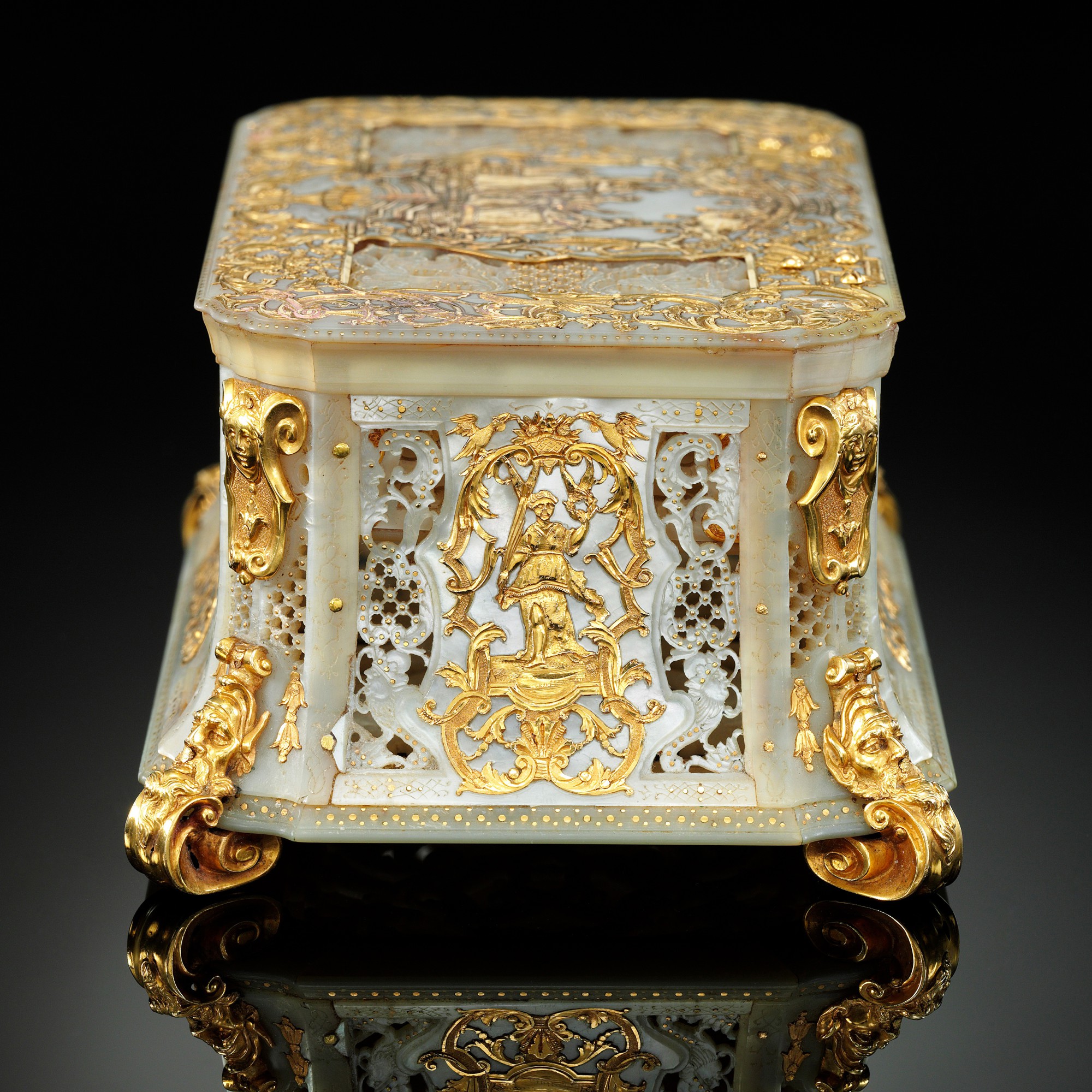 A mother of pearl casket with gold appliqué, mounts and piqué point ...