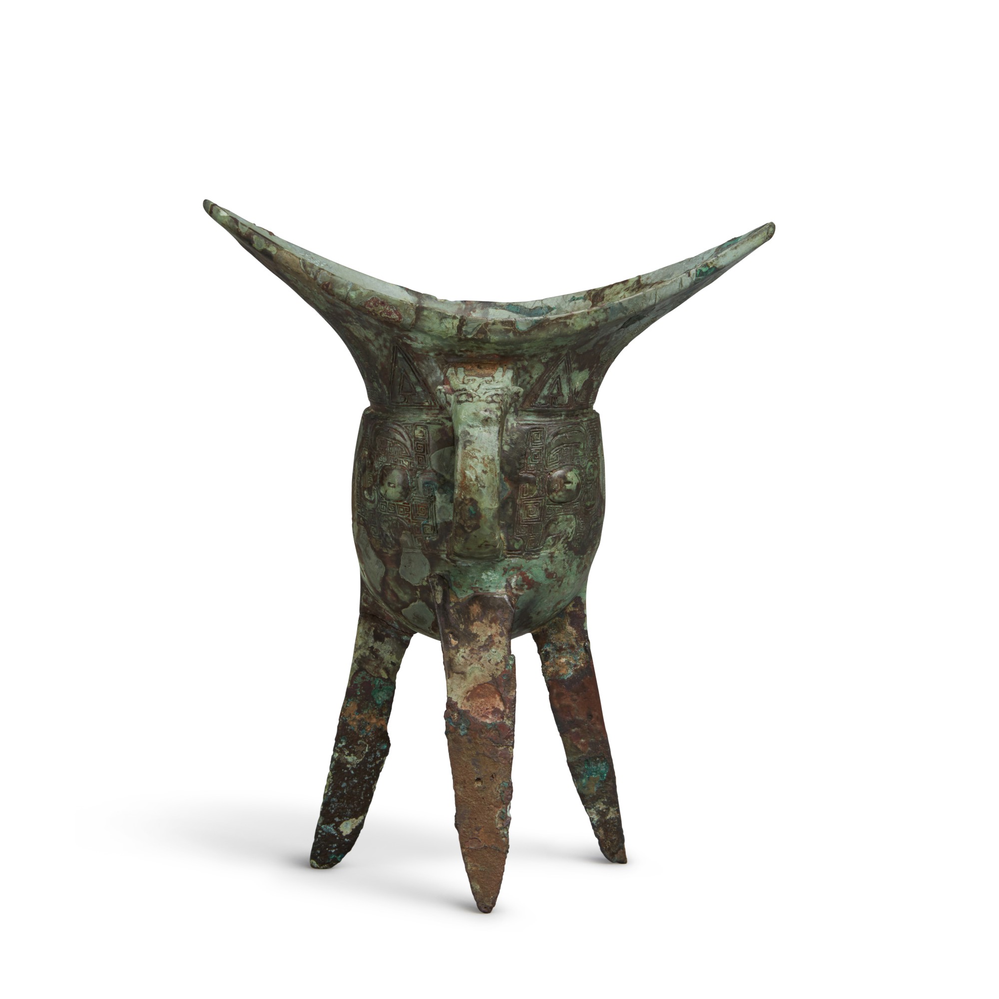 A rare archaic bronze ritual wine vessel (Jiao), Late Shang dynasty ...