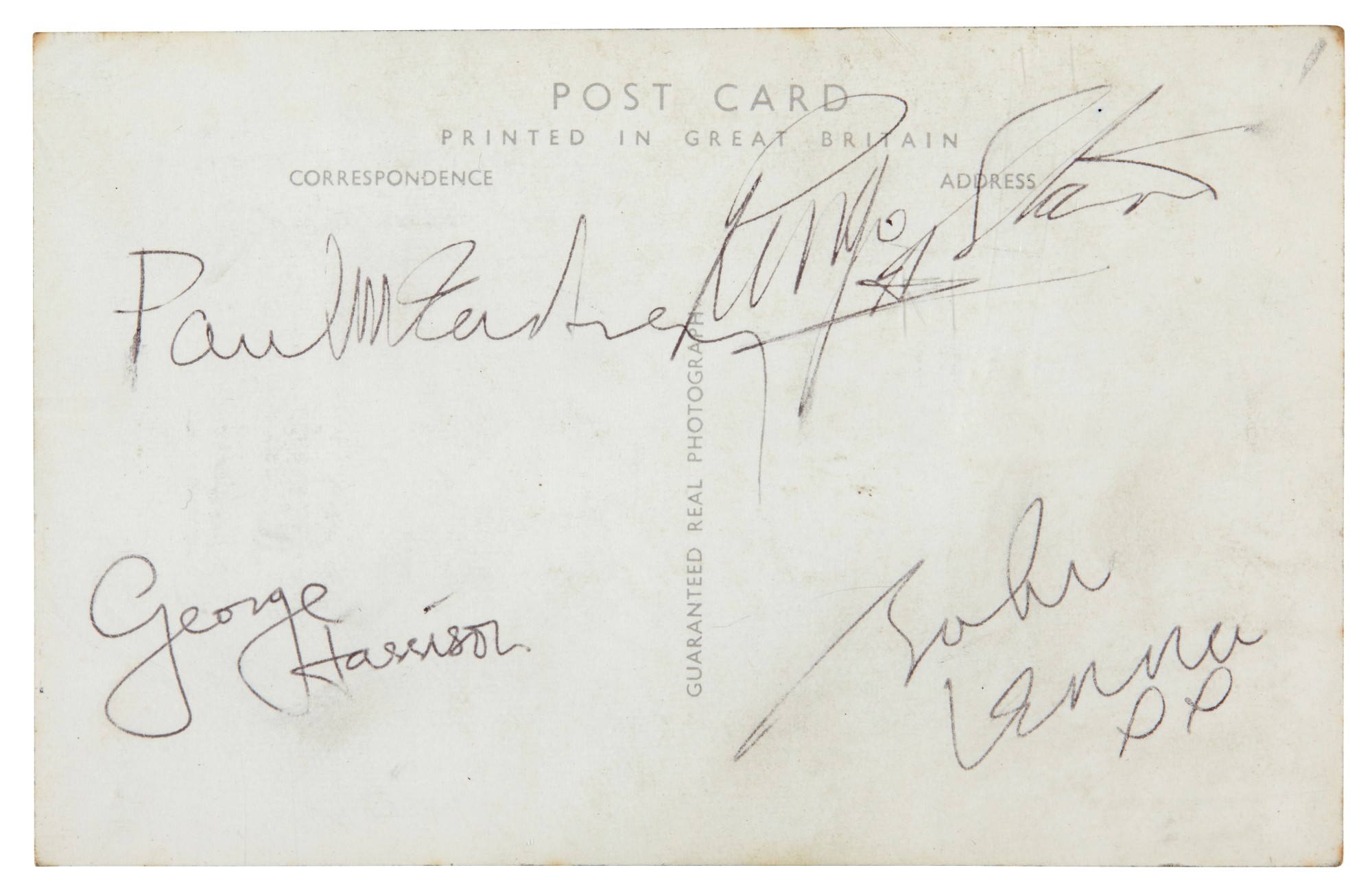 THE BEATLES | photographic postcard signed by all four members of the ...