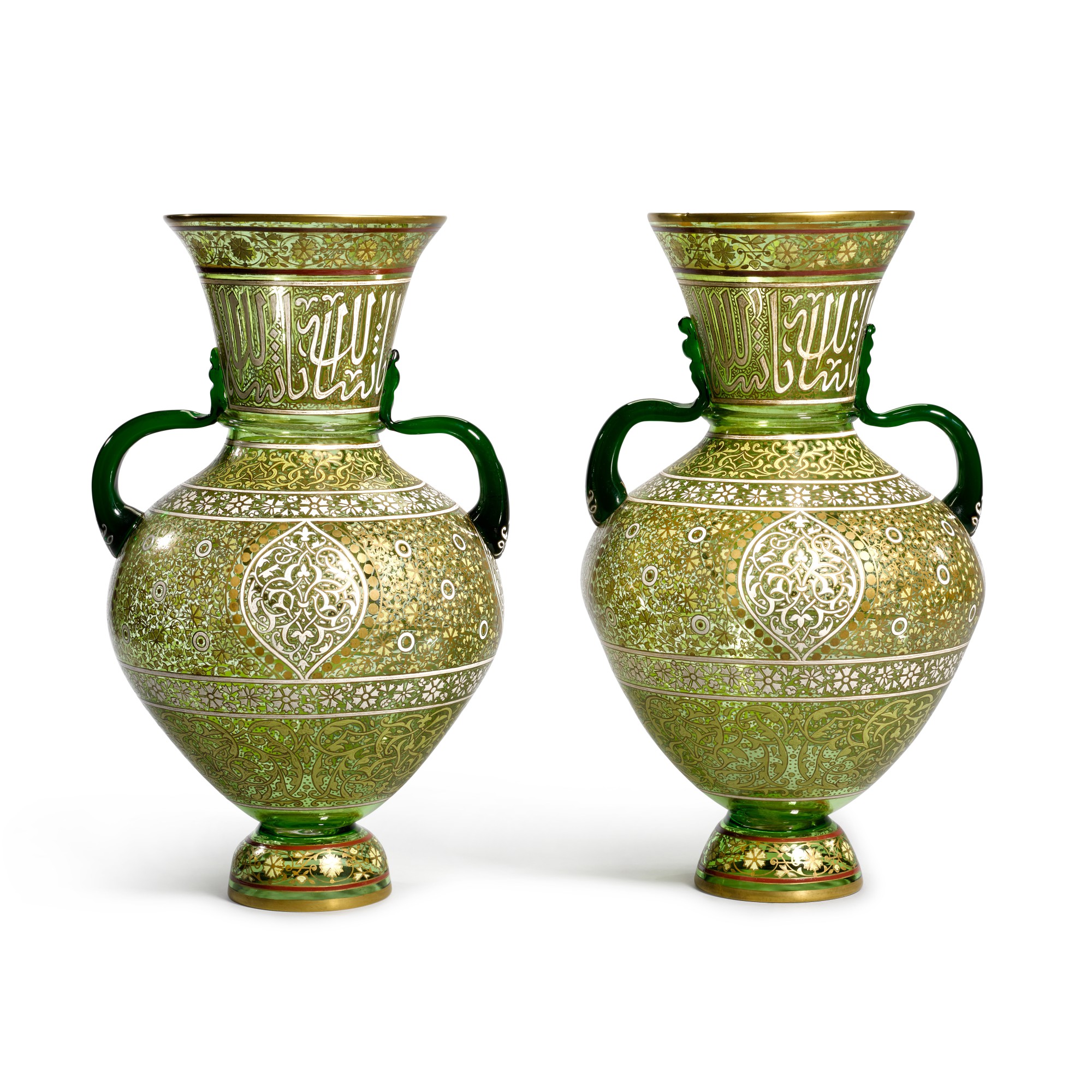 A pair of enamelled and gilt glass vases in the Islamic taste, circa ...