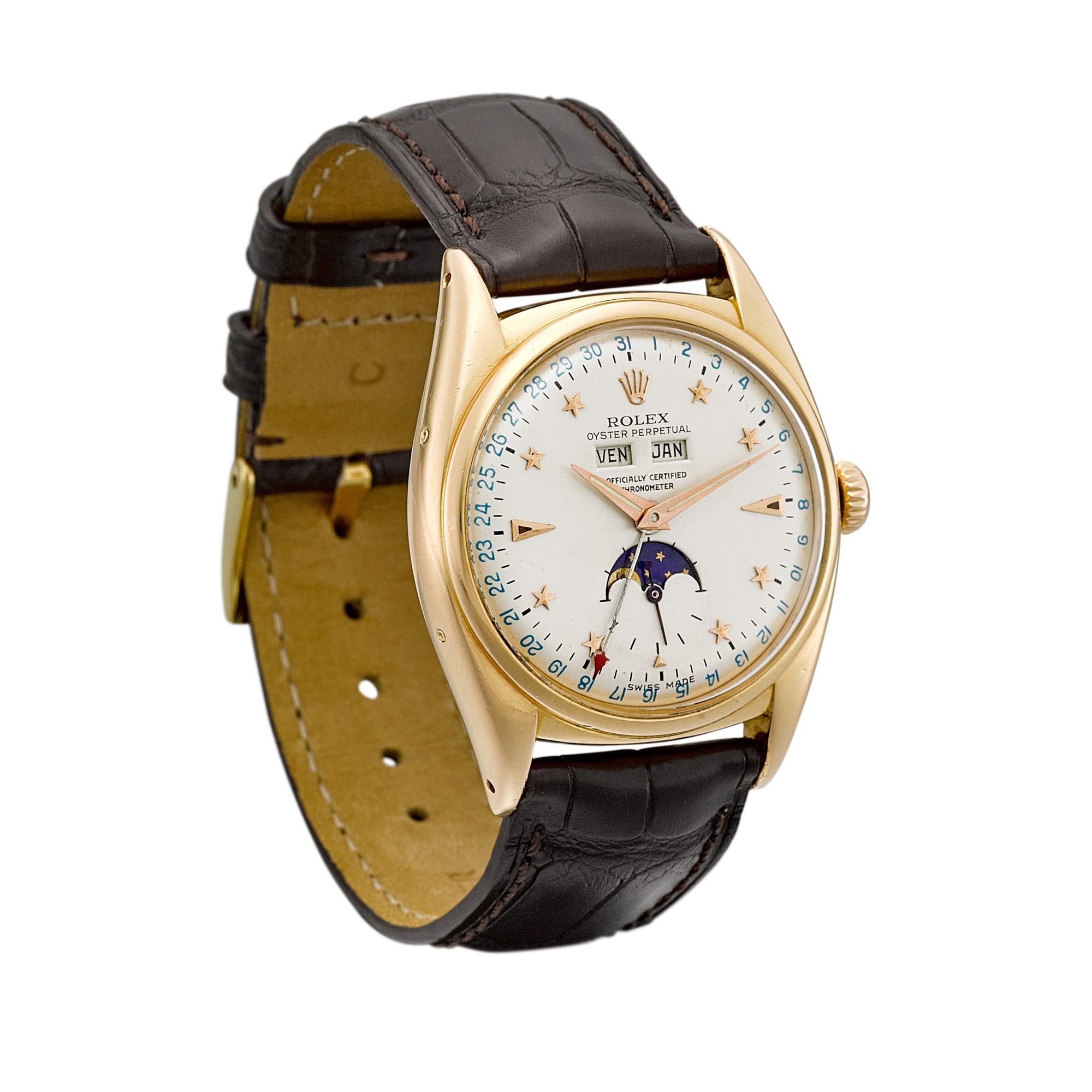 Reference 6062 | A pink gold triple calendar wristwatch with moon ...