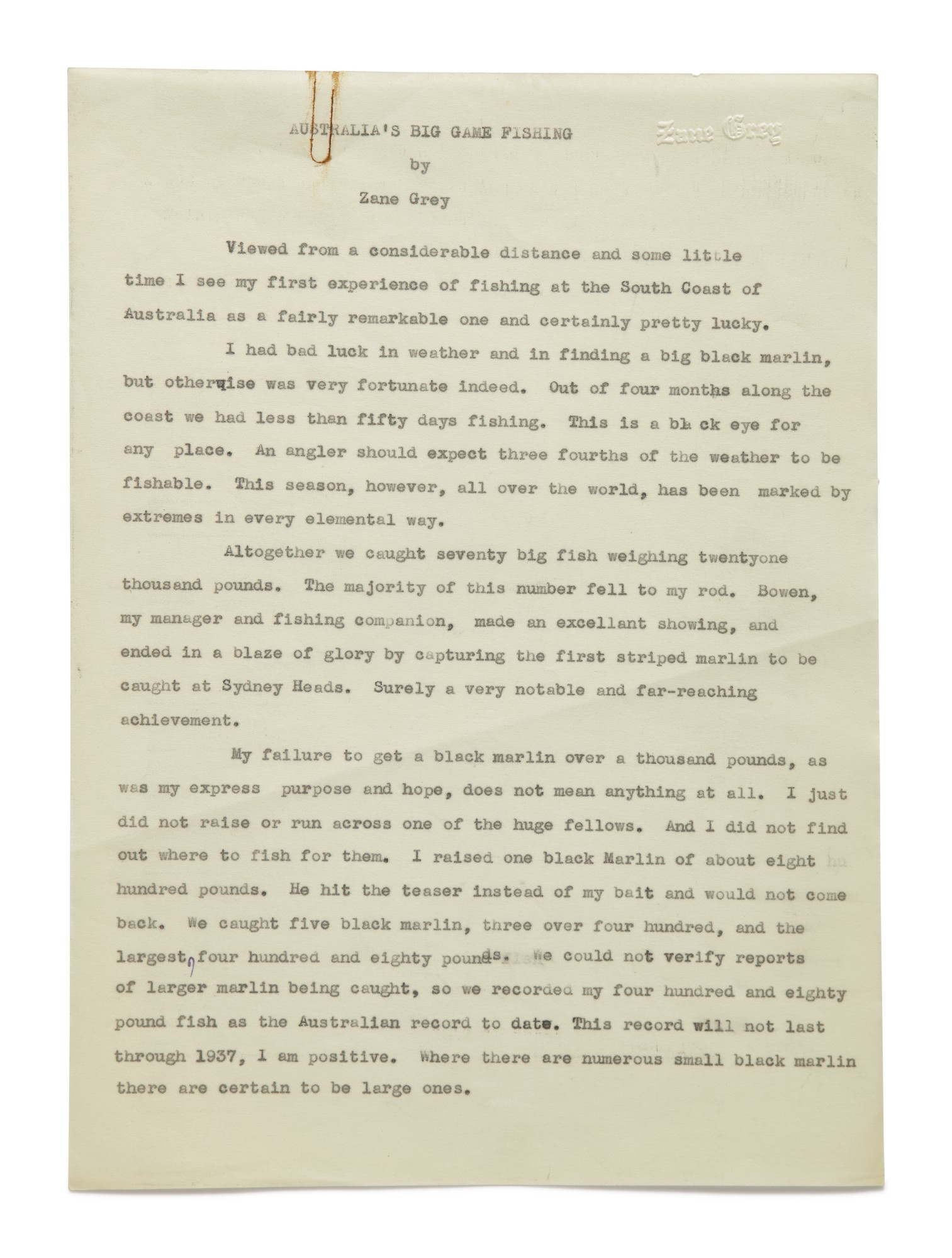 GRAY, ZANE | Autographed manuscript draft, signed, of "Australia's Big ...