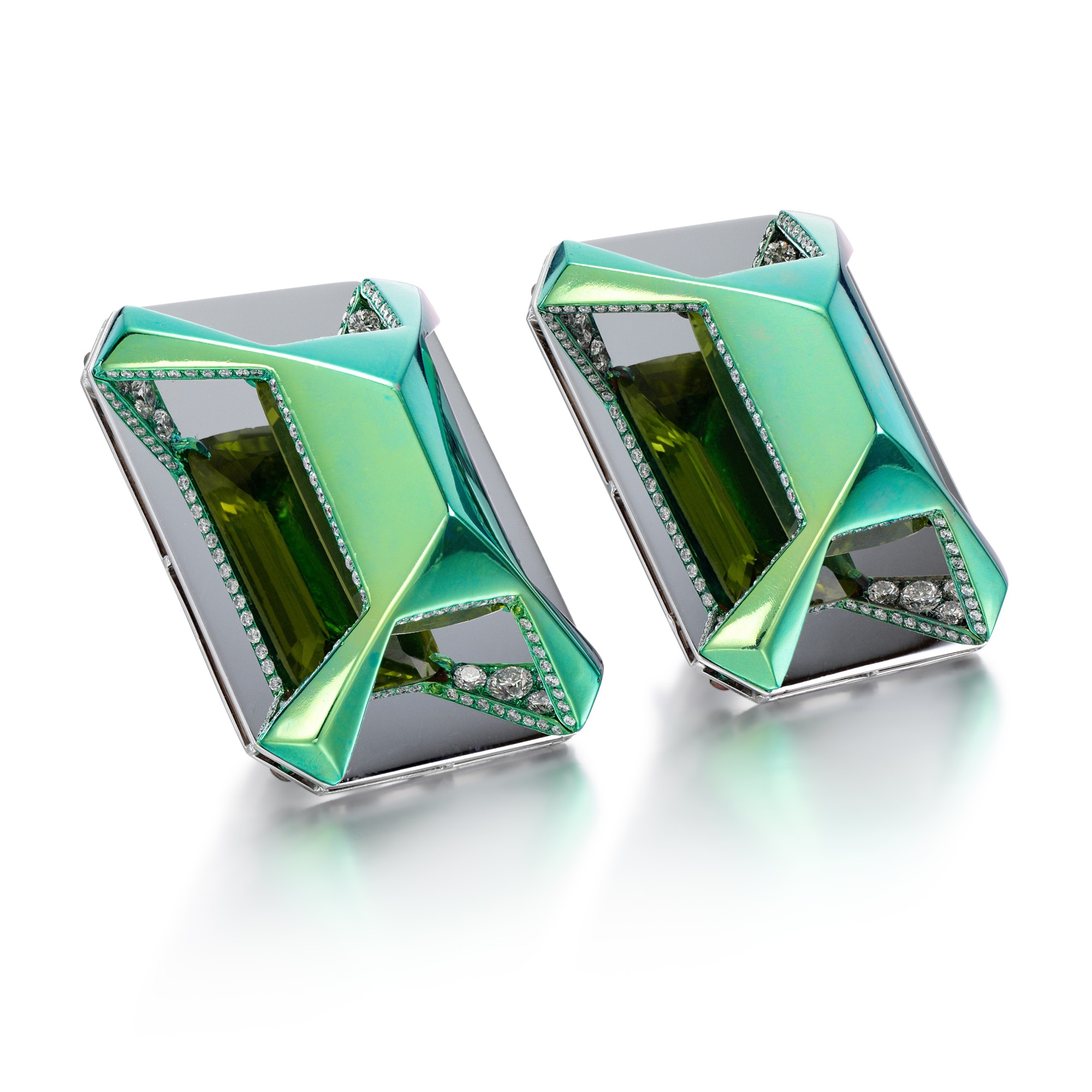 Pair of white gold, green titanium, diamond and peridot earrings ...