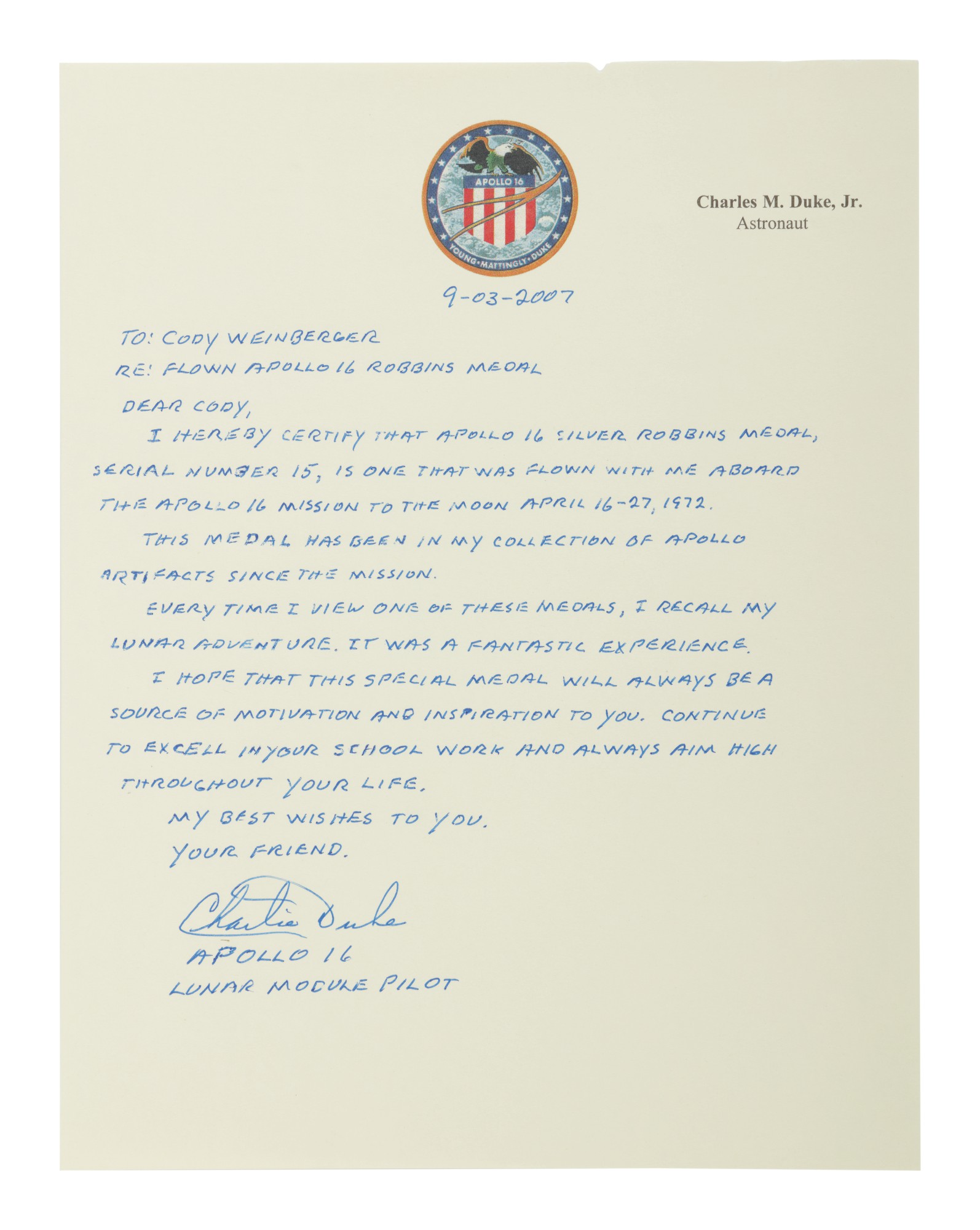 [APOLLO 16]. FLOWN ON APOLLO 16. LUNAR MODULE PILOT CHARLES DUKE'S ...
