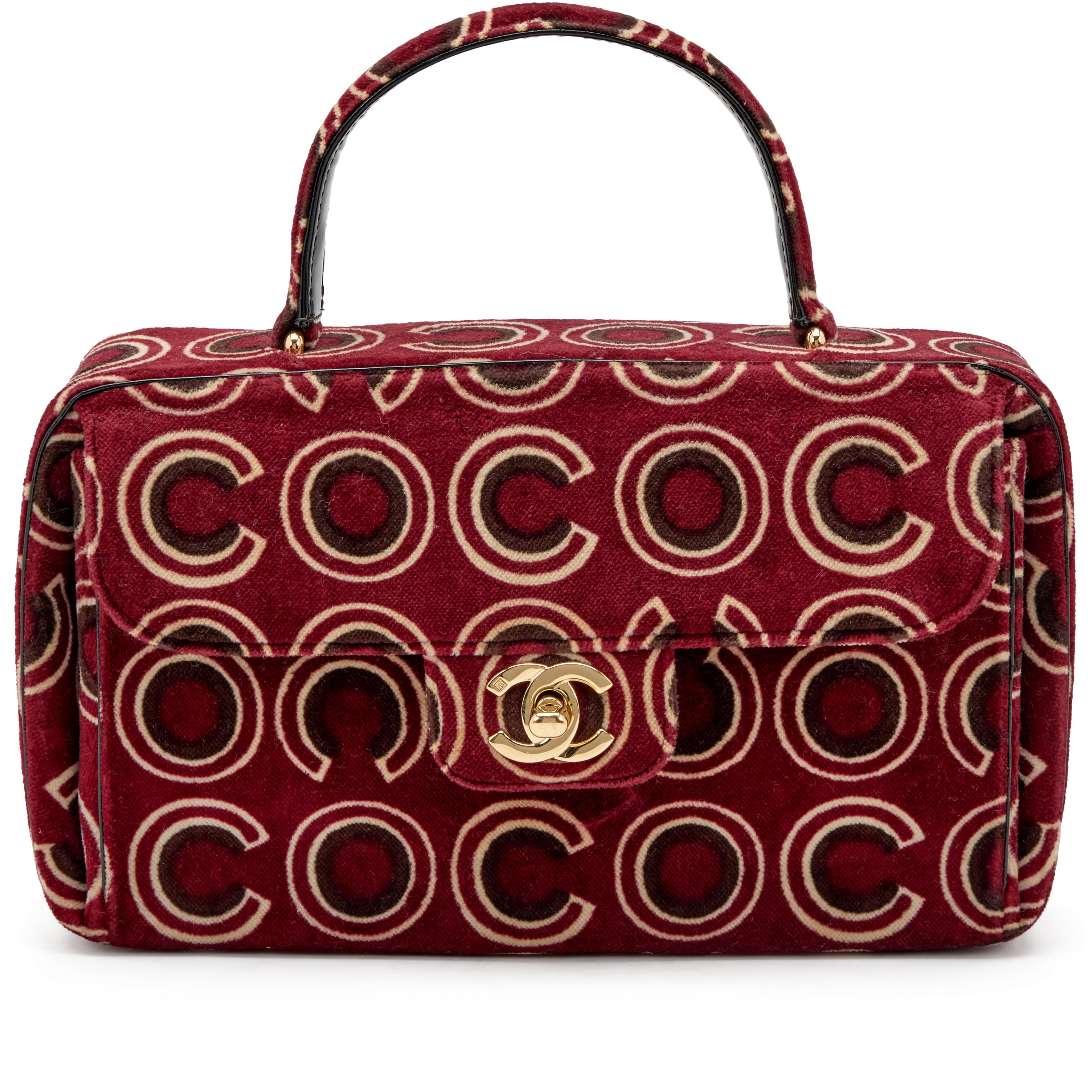 Chanel Vintage Burgundy And Cream Coco Print Velvet Top Handle Flap ...