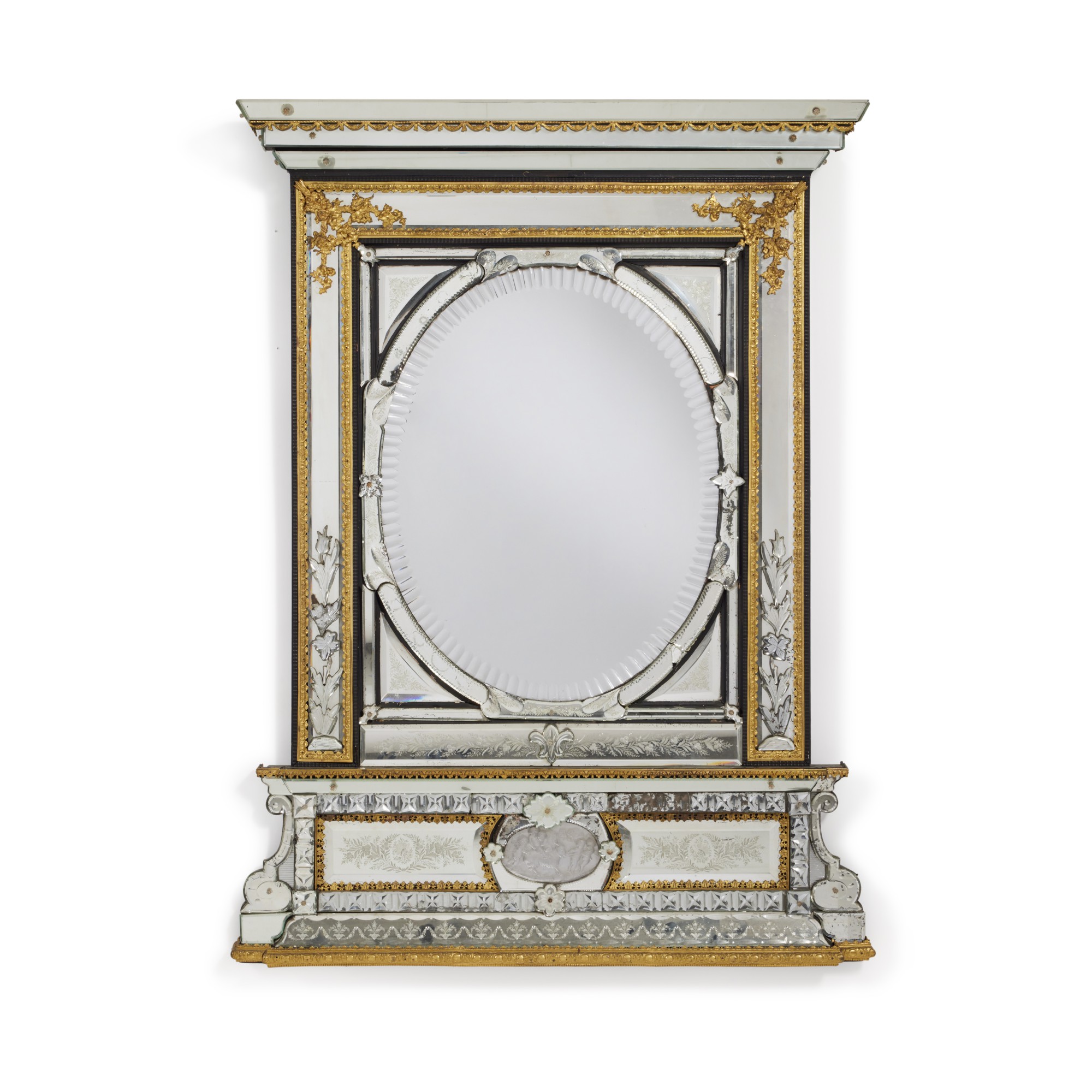 A French Gilt-Bronze Mounted and Ebonised Wood Etched Glass Mirror ...