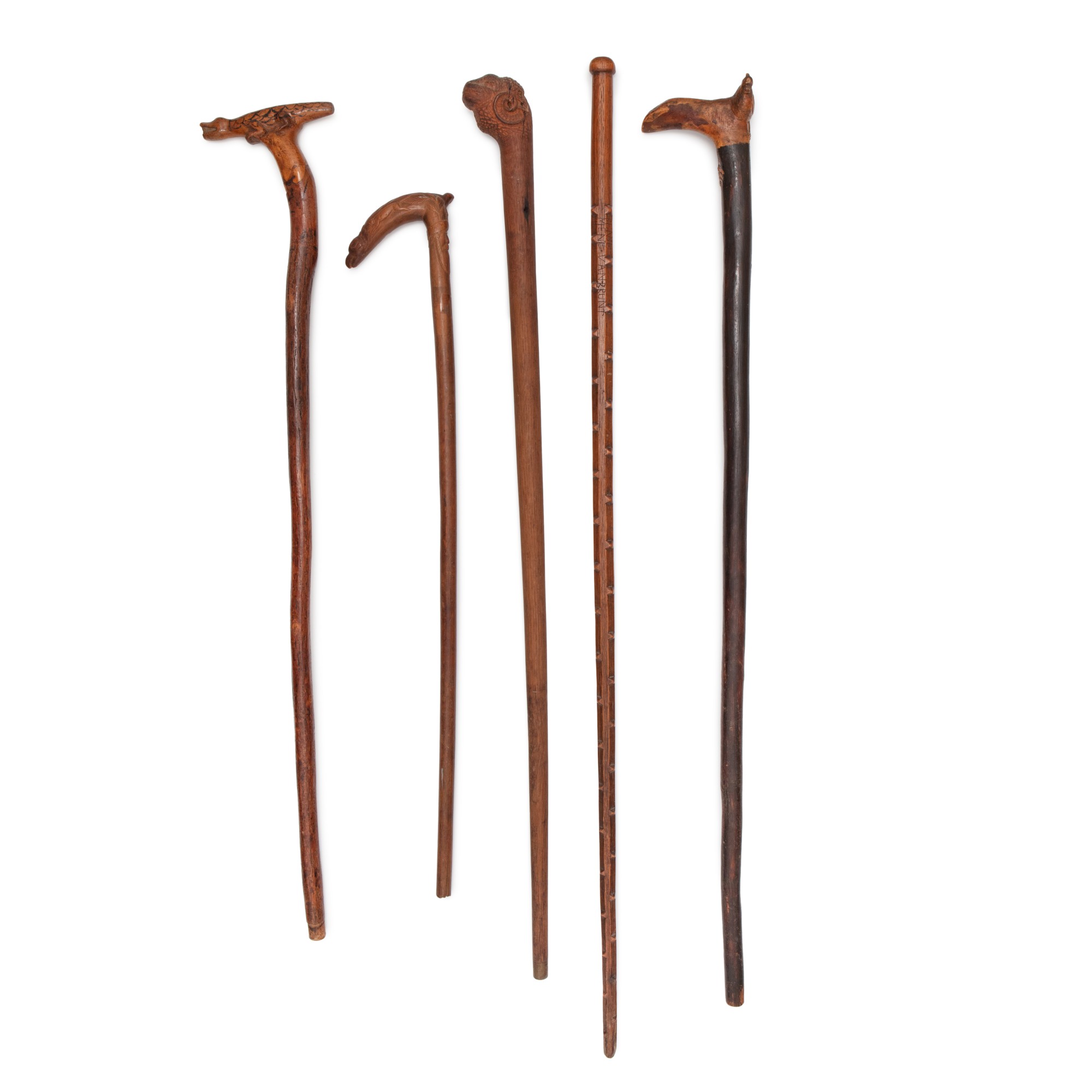 Group of Five American Carved Wooden Canes, One dated 1796, the ...