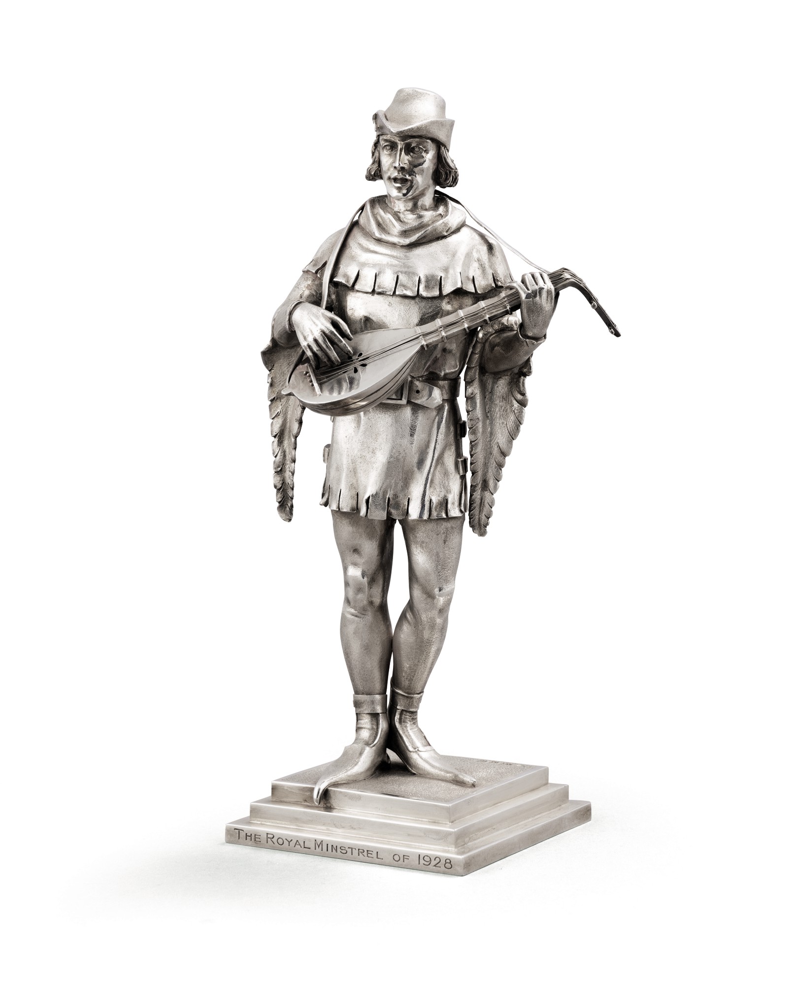 A silver presentation statuette of a medieval minstrel, Goldsmiths ...