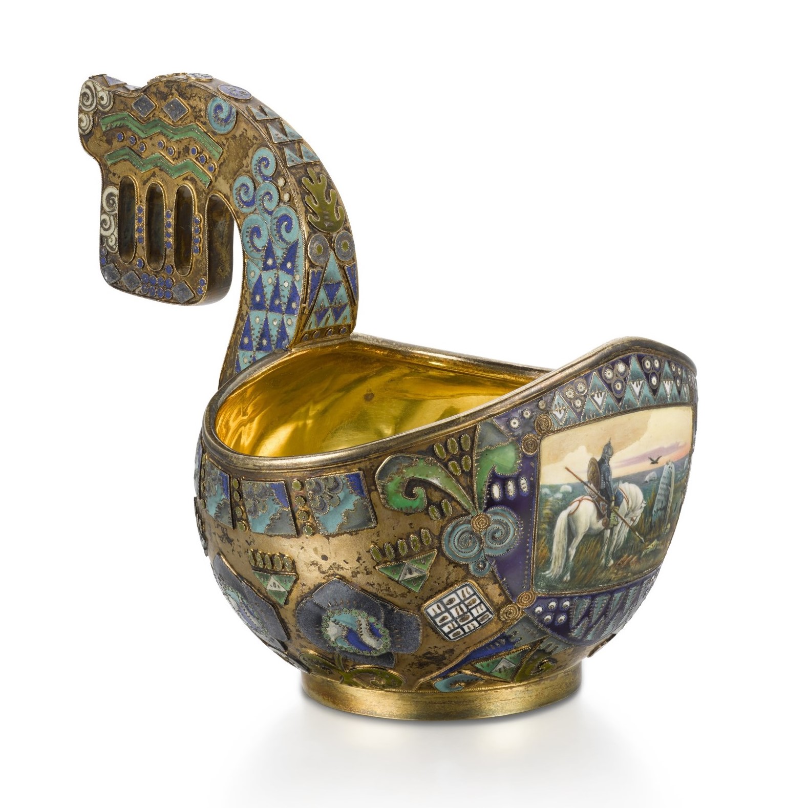 A Fabergé silver-gilt and en plein pictorial enamel kovsh workmaster ...