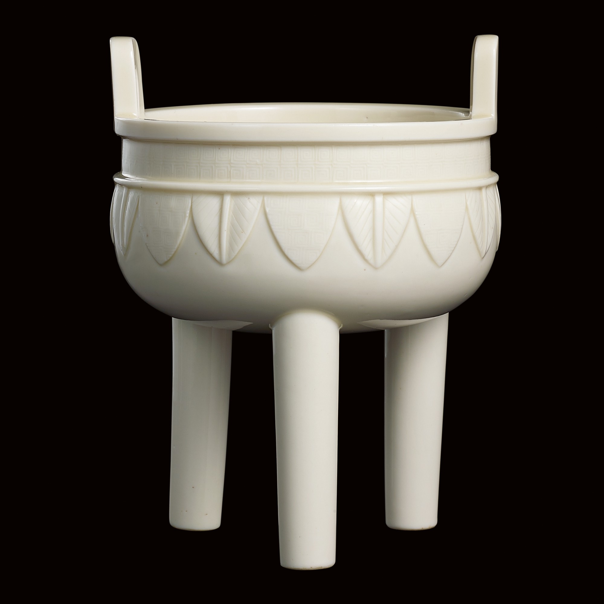 A FINE AND RARE INSCRIBED DEHUA BLANC-DE-CHINE TRIPOD INCENSE BURNER ...