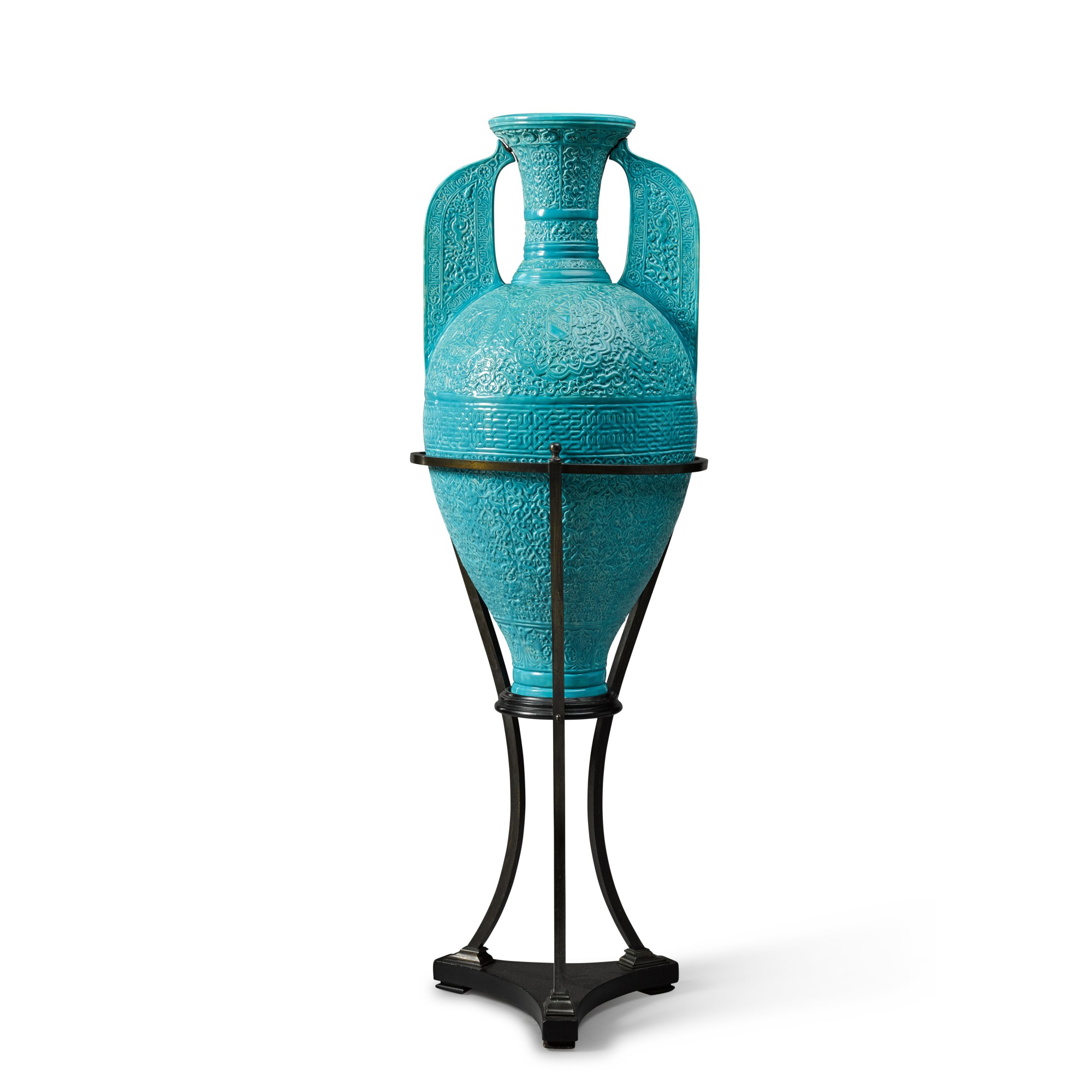 A large turquoise-glaze Alhambra vase on stand, probably French, circa ...