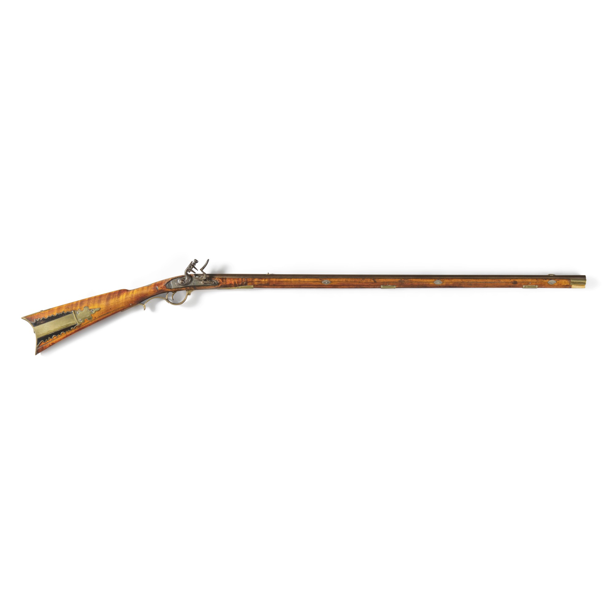 Figured Maple, Brass and Steel Flintlock Long Rifle, Attributed to ...