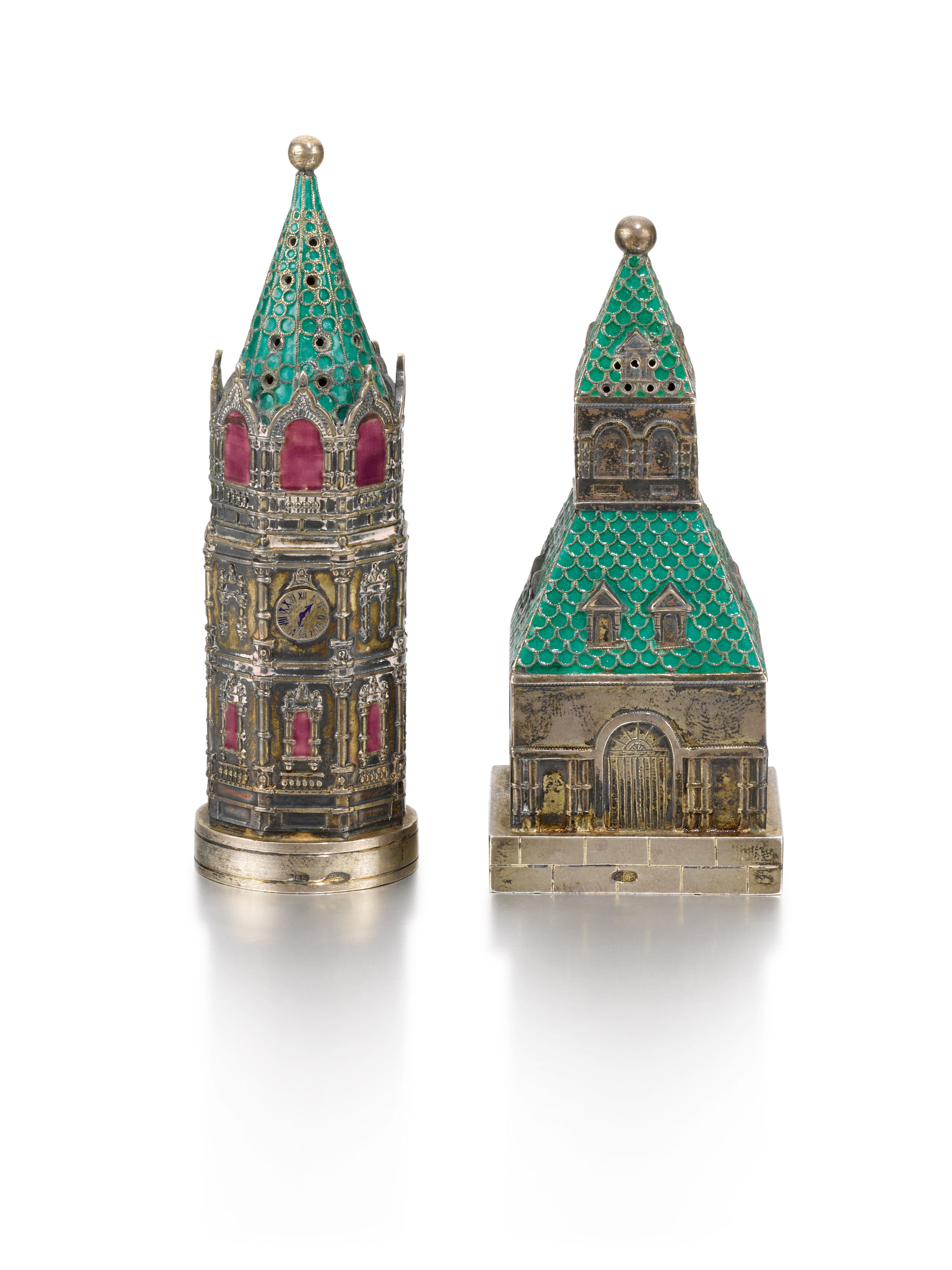 A pair of silver-gilt and enamel salt and pepper shakers, Antip ...