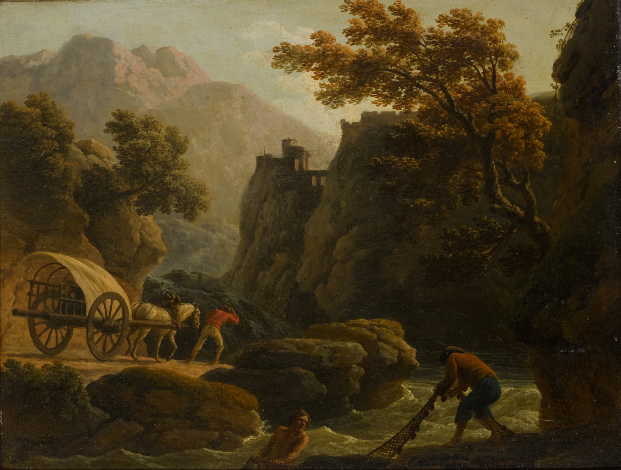 CLAUDE-JOSEPH VERNET | Mountainous river landscape with two fishermen ...